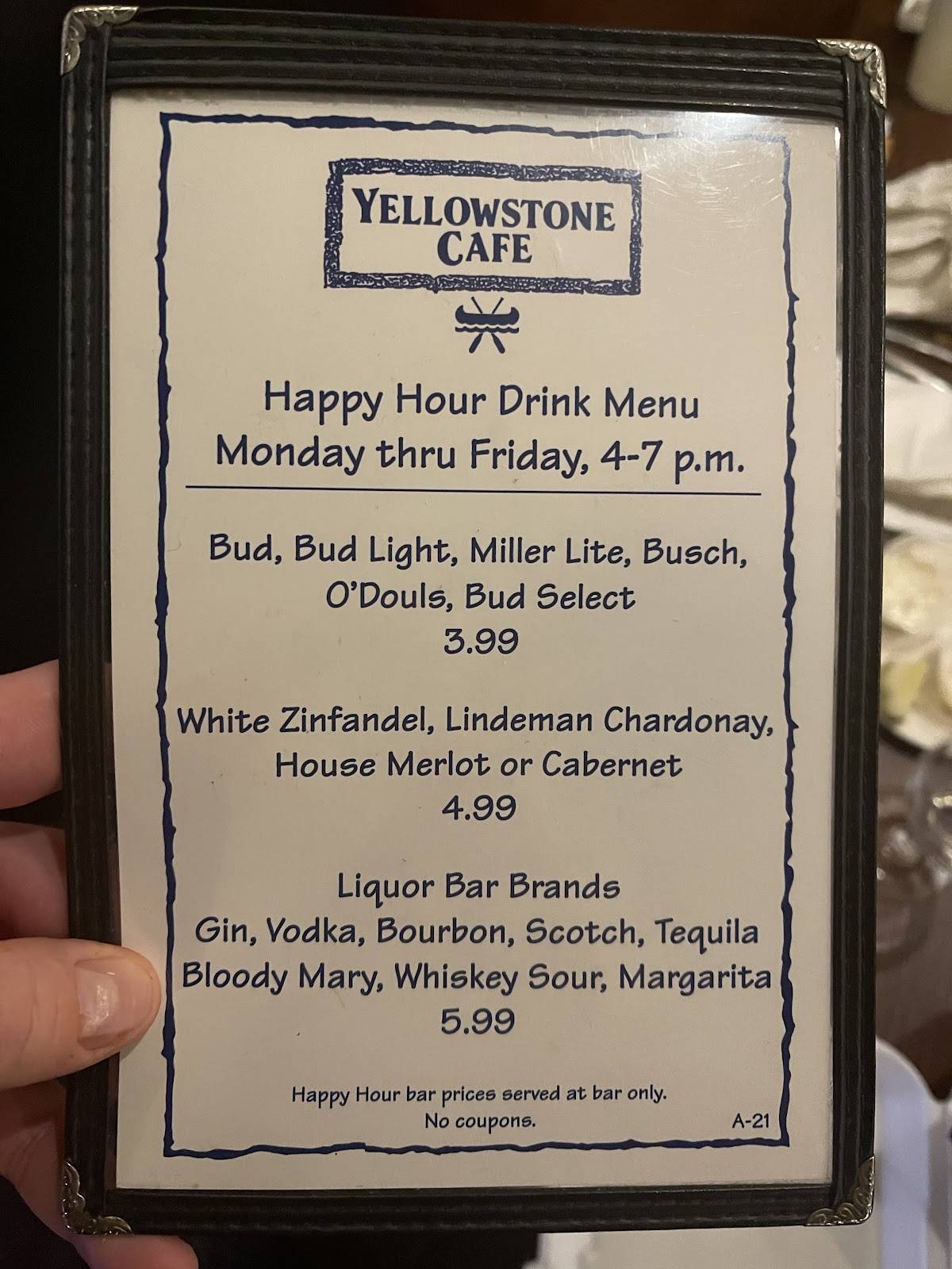 Menu at Yellowstone Cafe, Town and Country