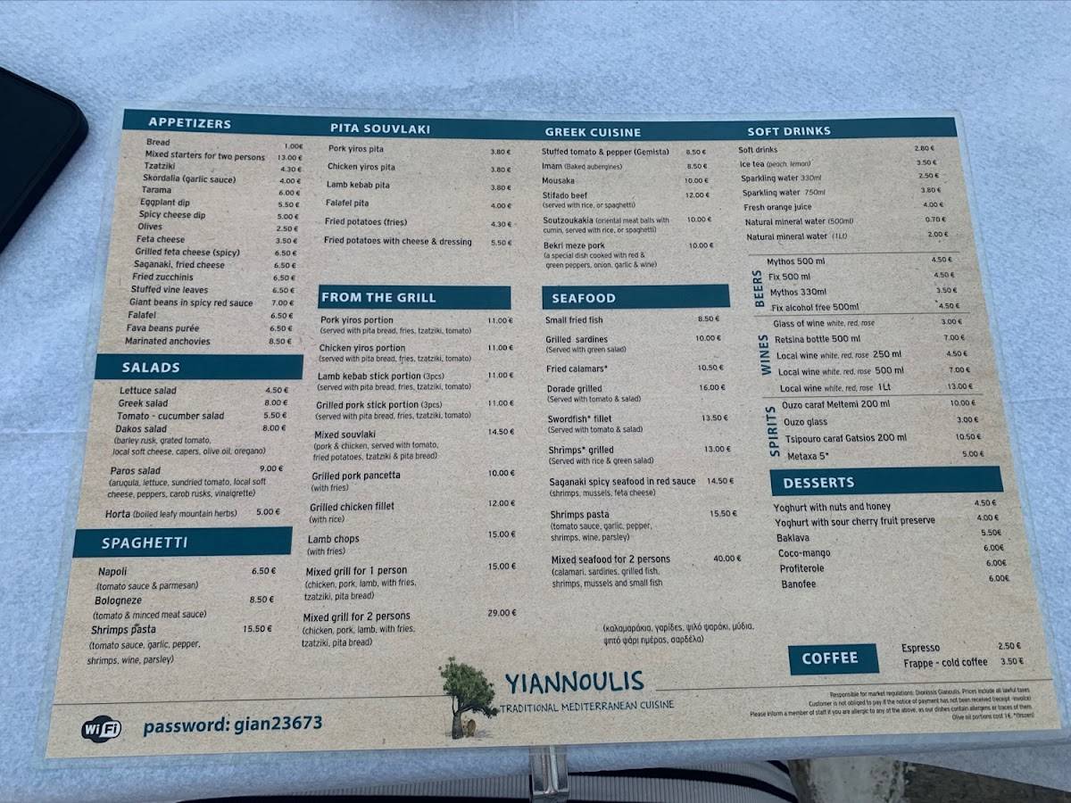 Menu at Yiannoulis Taverna, Paros
