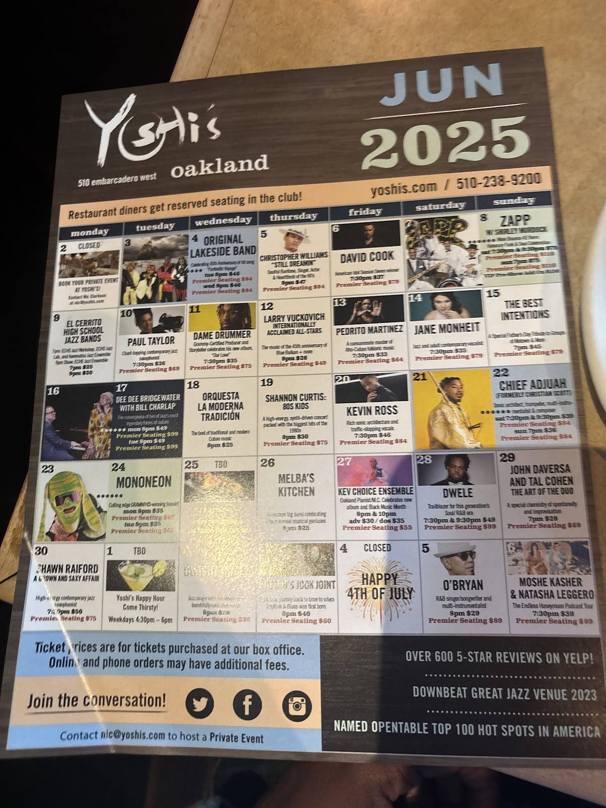 Menu at Yoshi's restaurant, Oakland