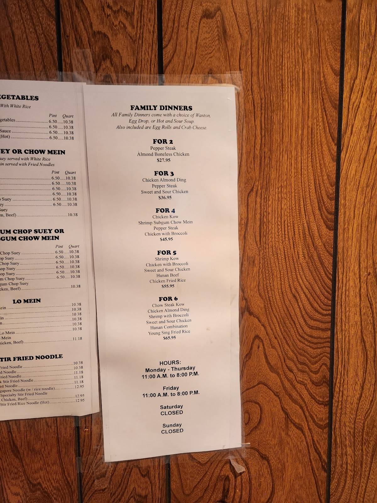 Menu at Young Sing Chinese Restaurant, Flint