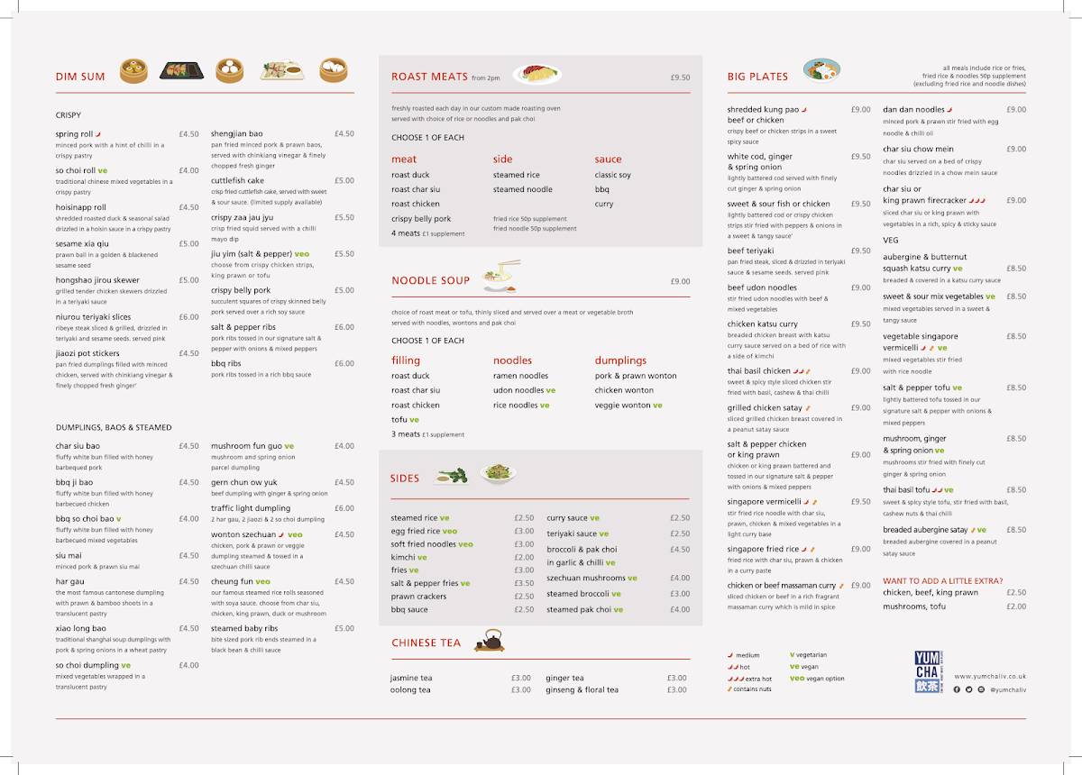 Menu at Yum Cha restaurant, Liverpool