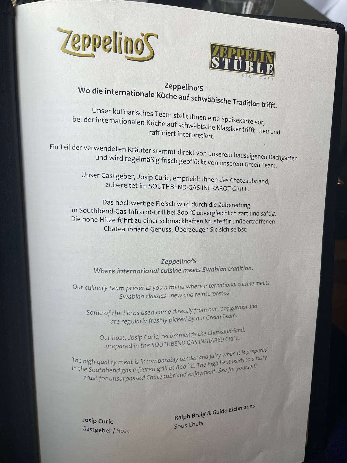 Speisekarte von Restaurant Zeppelino’S, Stuttgart