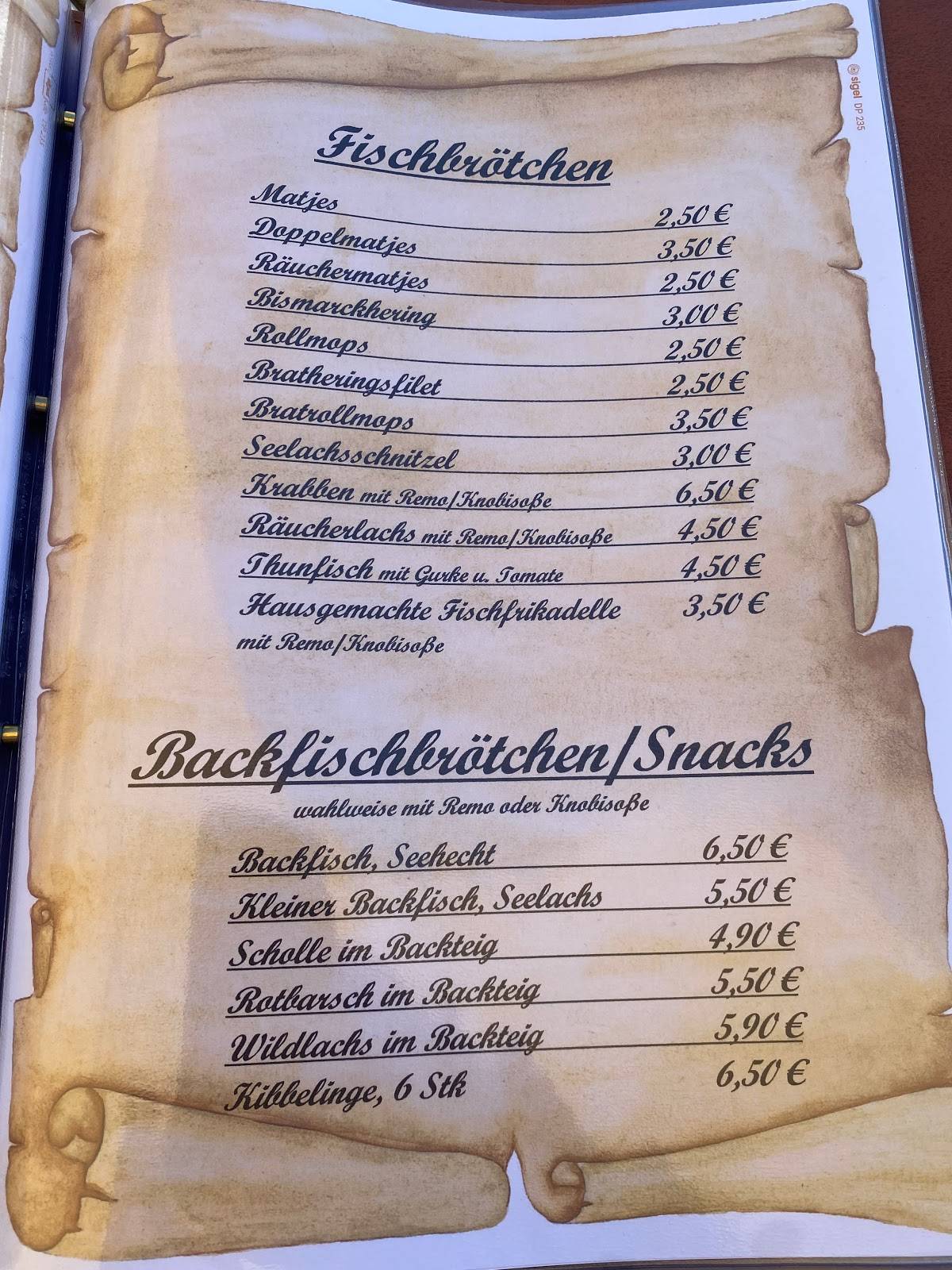 Speisekarte von Zum Backfisch restaurant, Norden, Norddeicher Straße 231