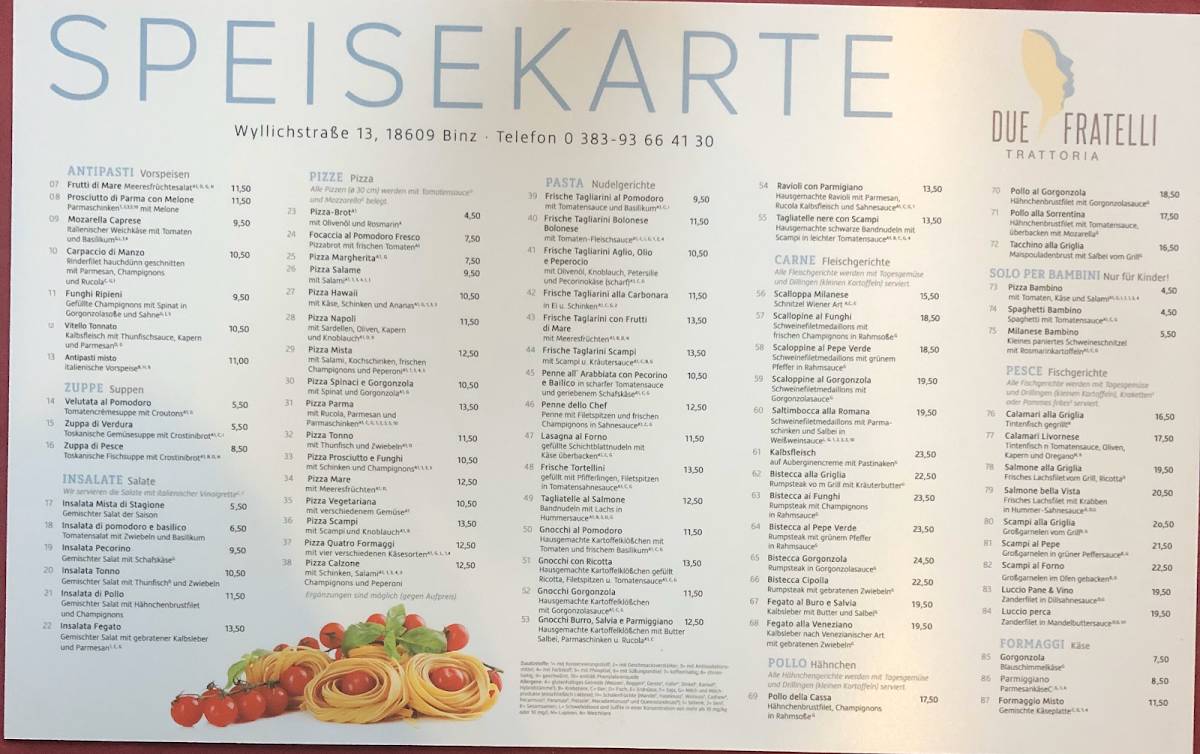 Speisekarte von Restaurant & Pizzeria Due Fratelli, Binz