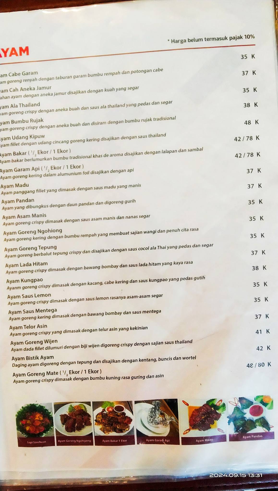 Menu at de AROMA RESTO restaurant, Boyolali