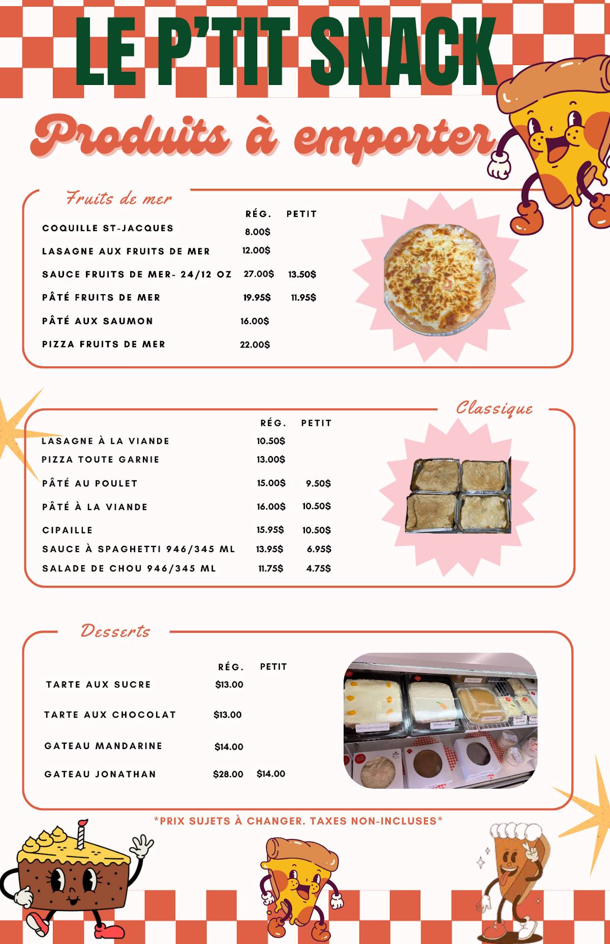 Menu au Restaurant le ptit snack, Sept-Iles