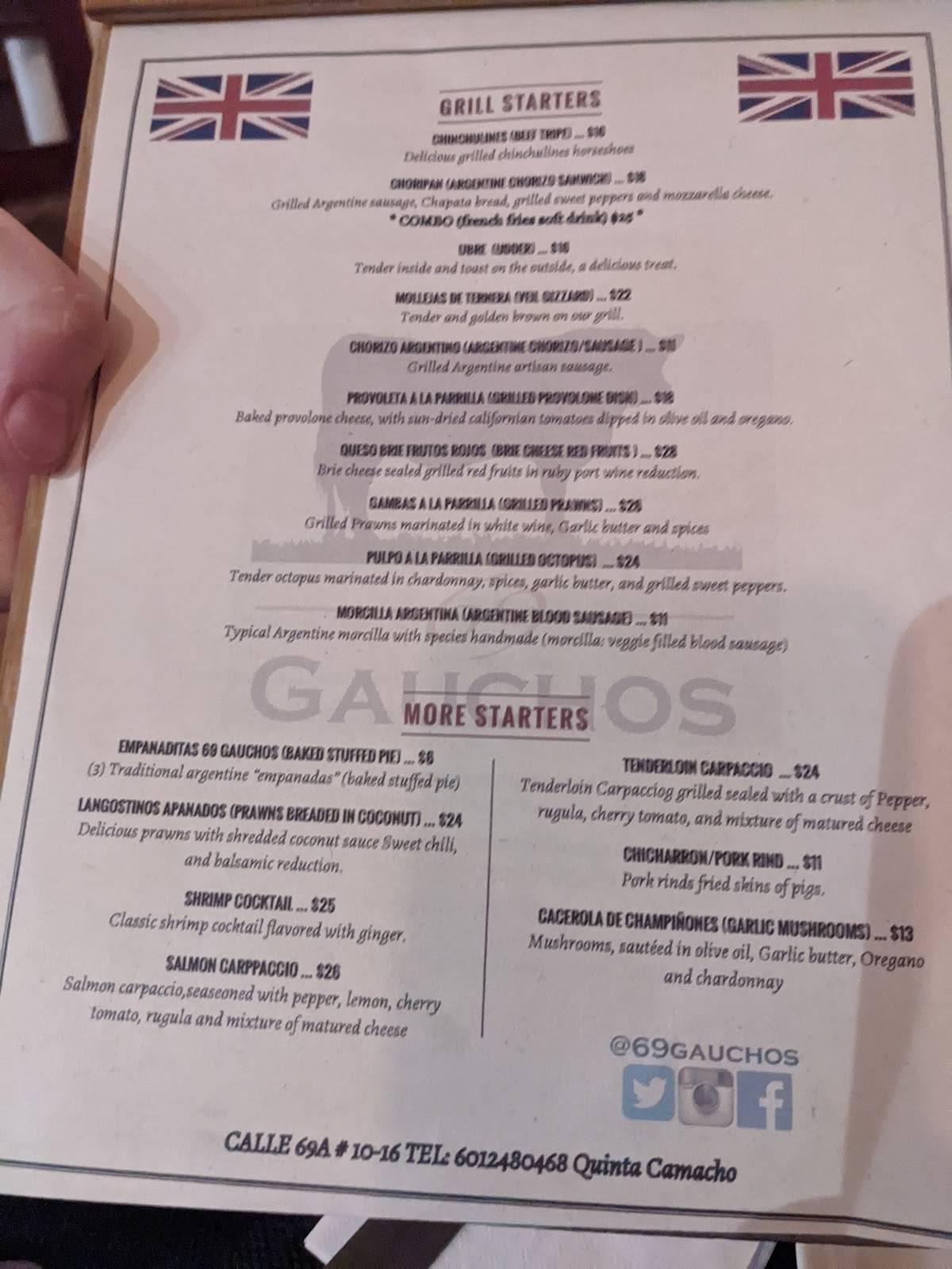 Carta de Restaurante 69 Gauchos Quinta Camacho, Bogotá
