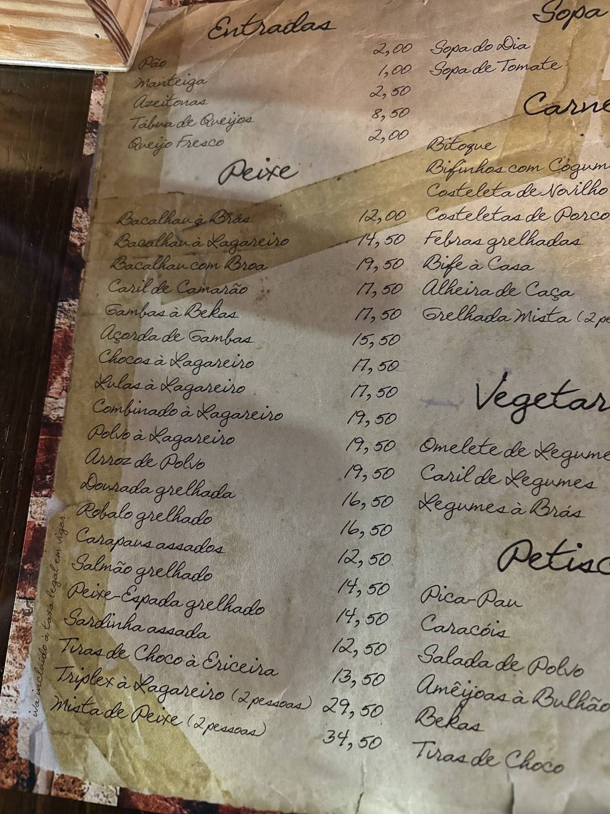 Menu em Restaurante "A Panela", Ericeira
