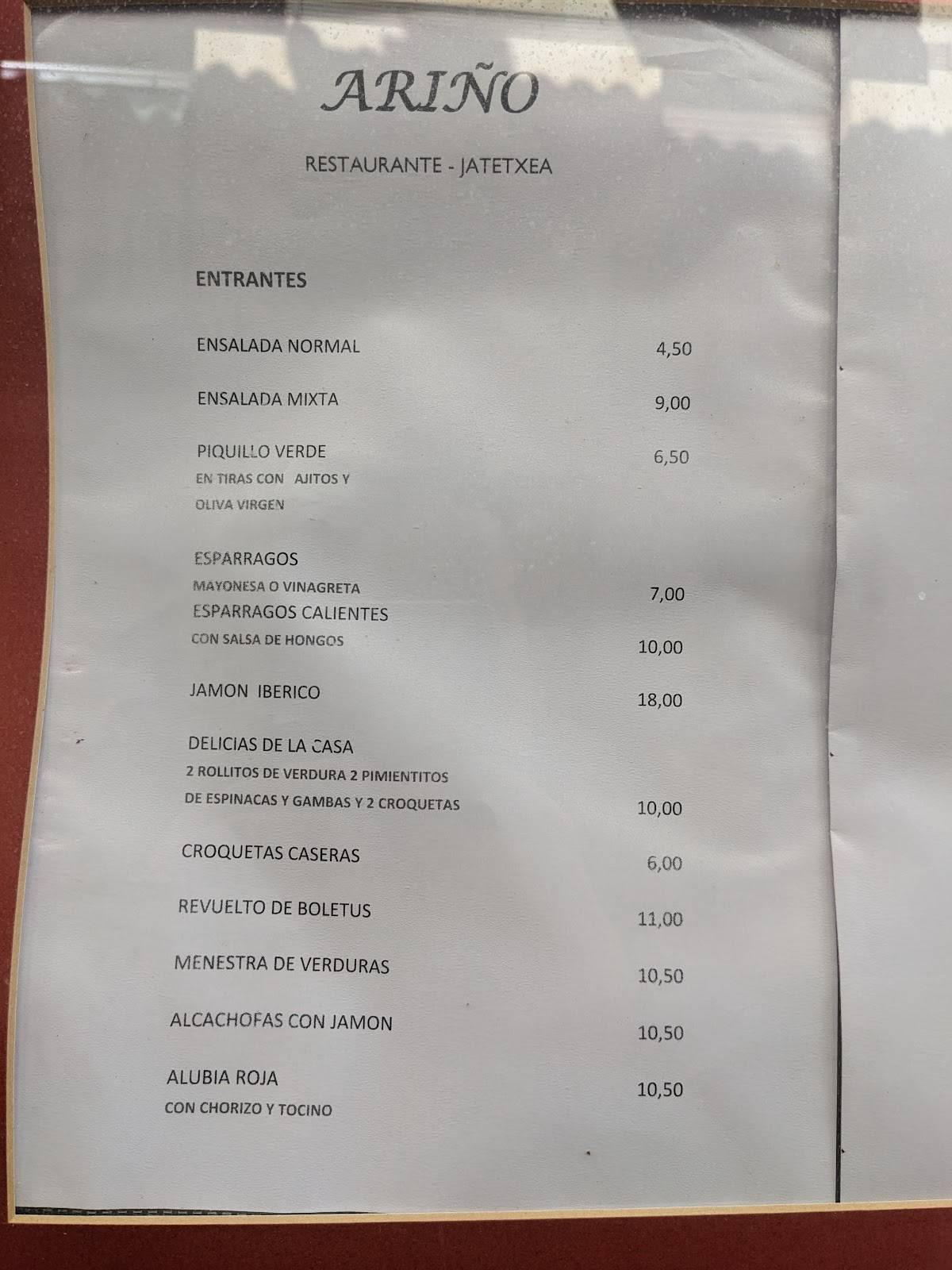 Carta de Restaurante Ariño, Bastida