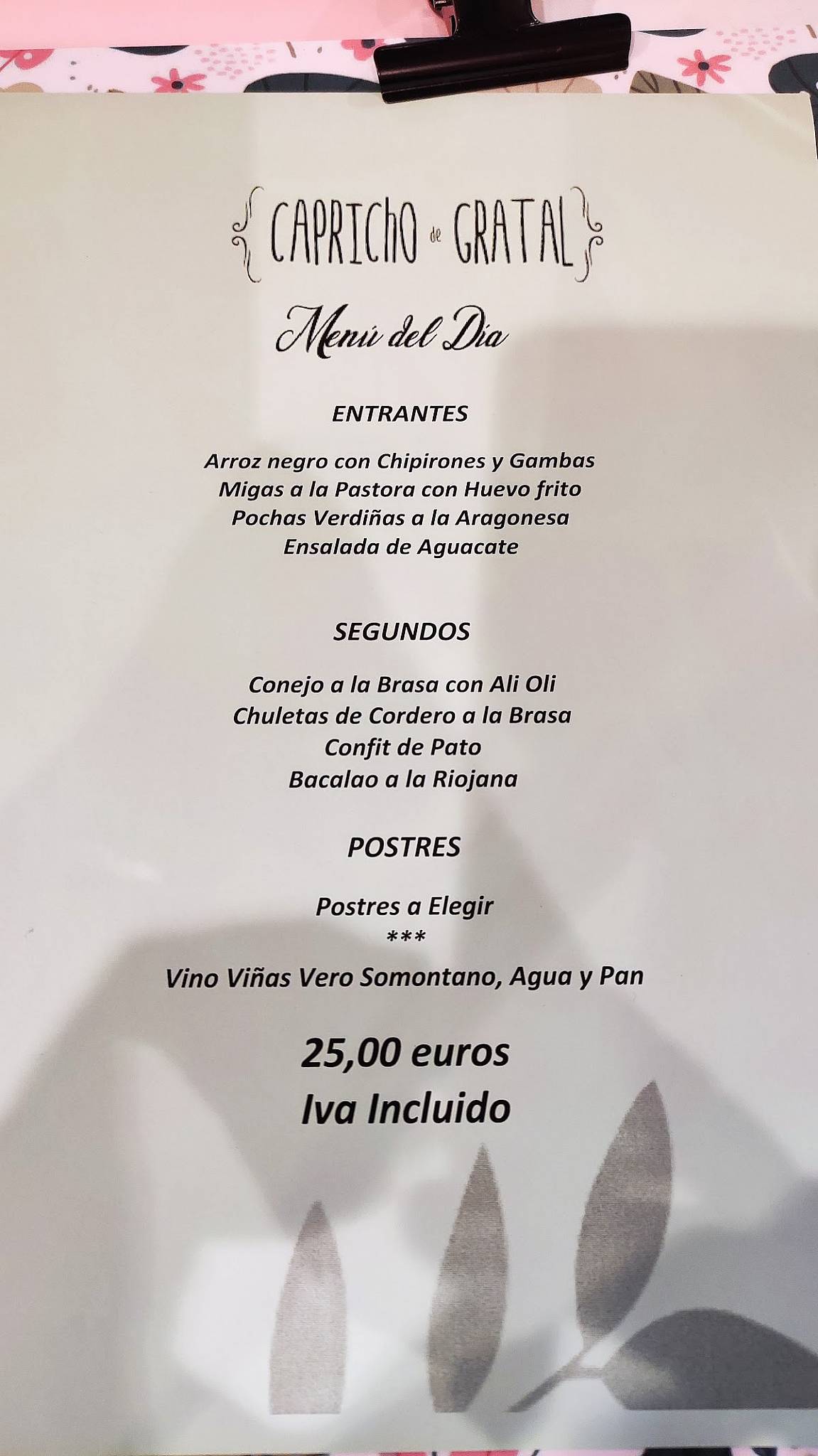 Carta de Restaurante Capricho de Gratal, Lierta