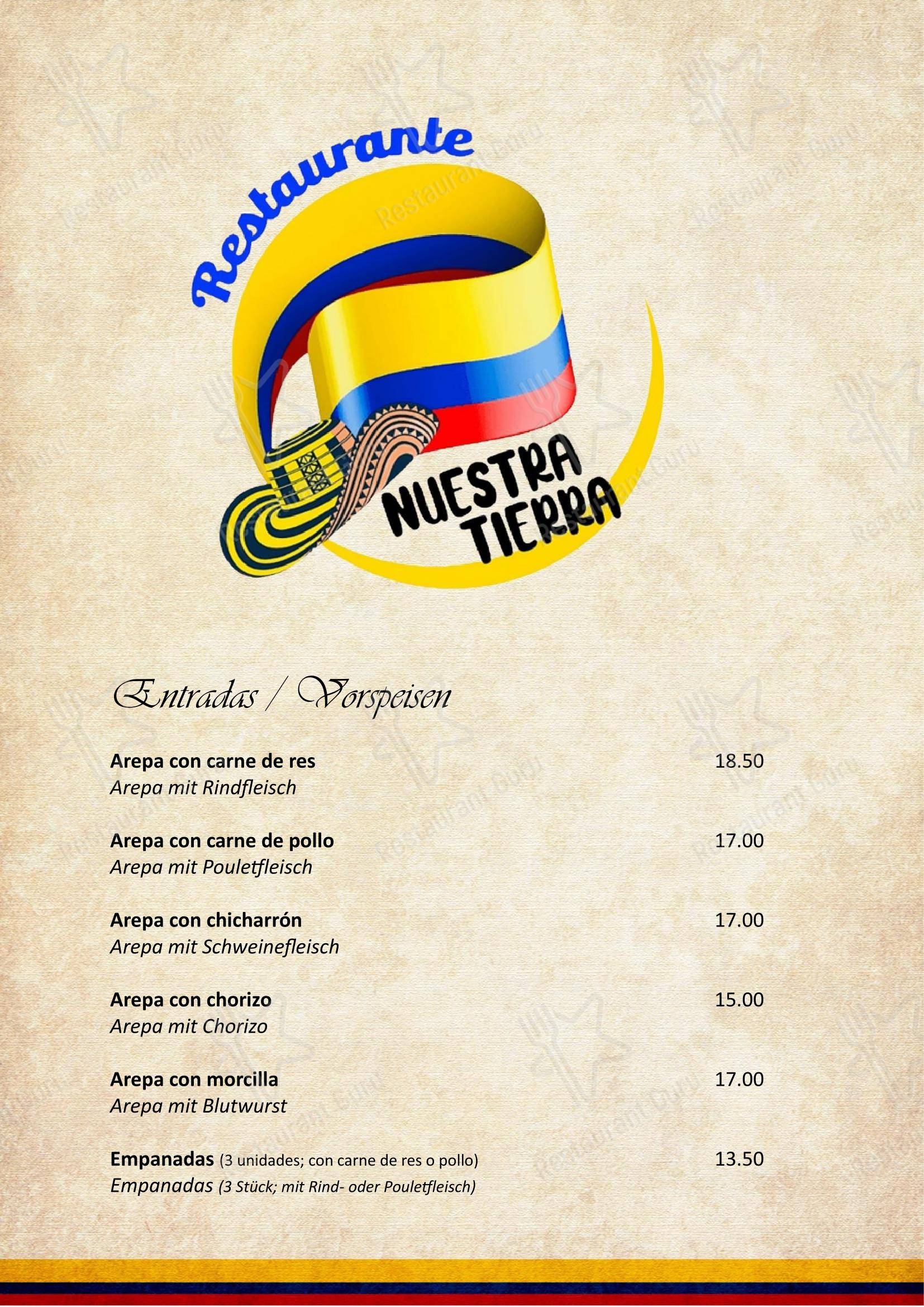 Menu au Restaurante Colombiano Nuestra Tierra, Bale