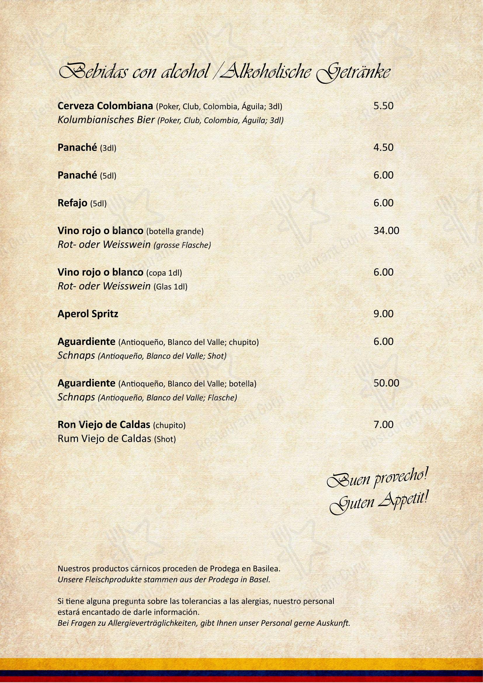 Menu au Restaurante Colombiano Nuestra Tierra, Bale