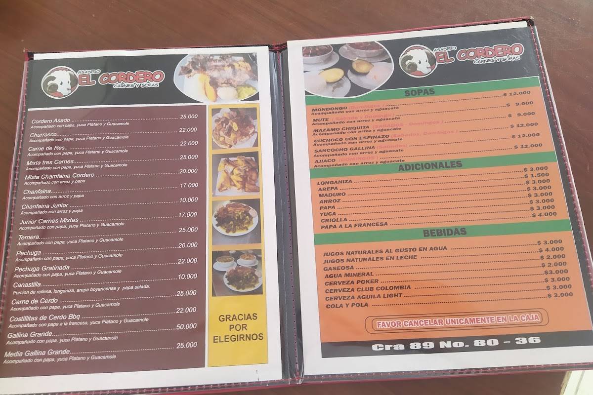 Carta de Restaurante El Cordero, Bogotá