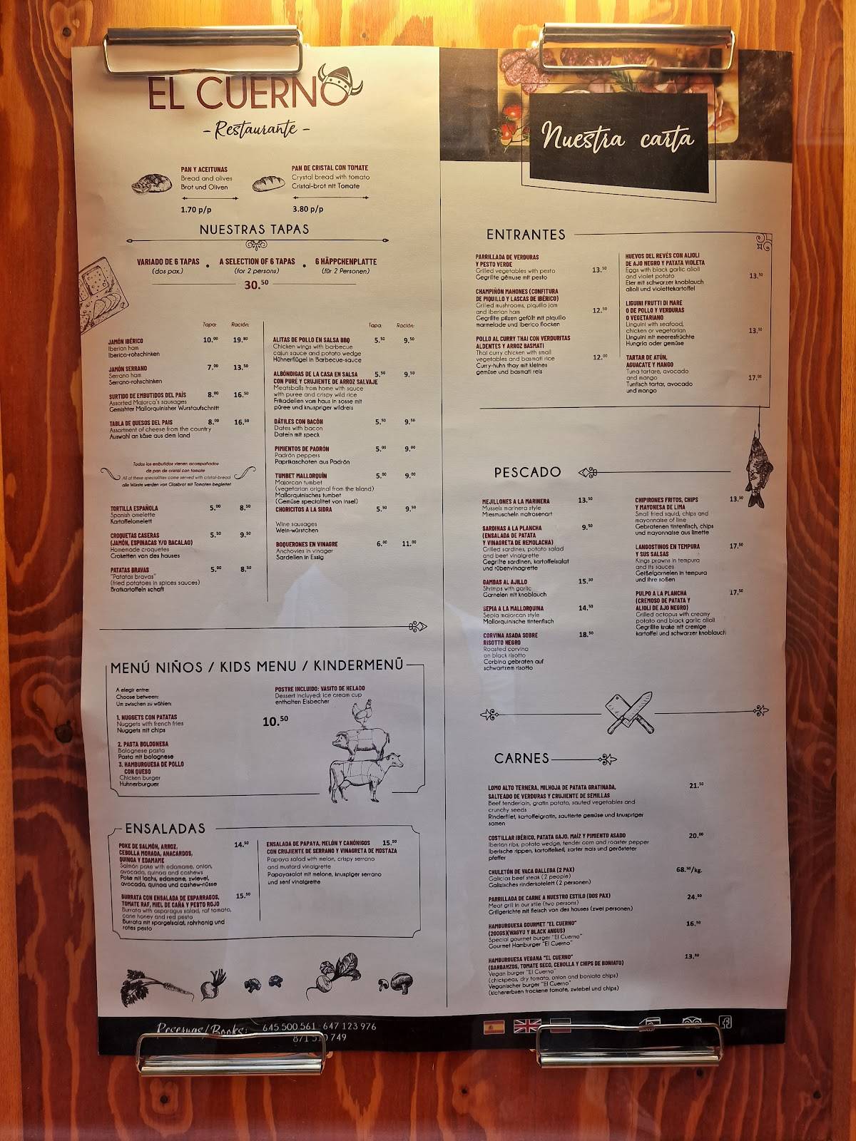 Carta del restaurante El Cuerno Tapas, Palma del Mallorca
