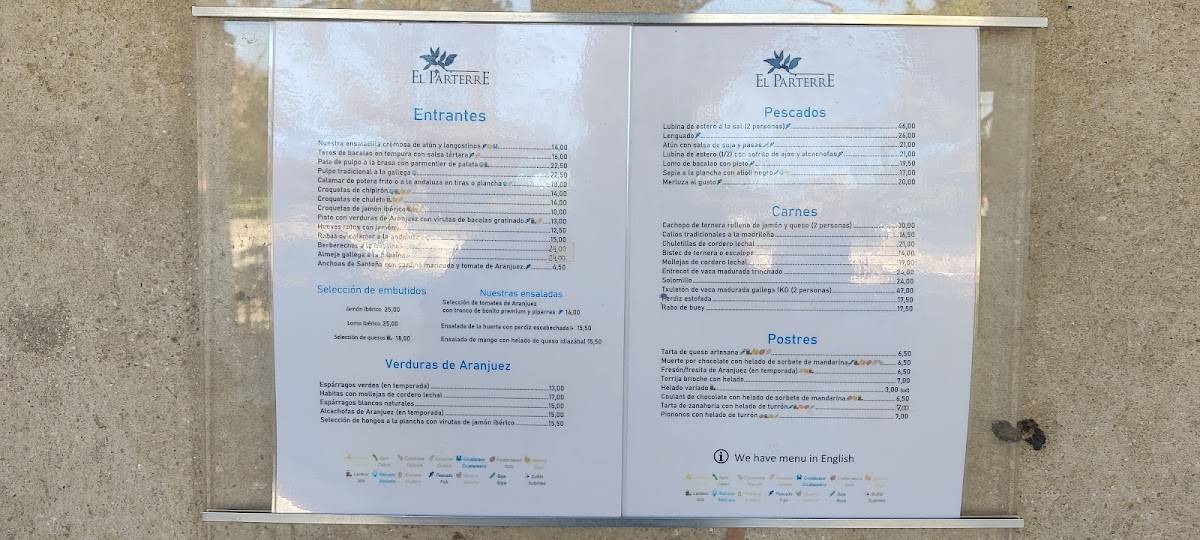Menu at Restaurante El Parterre, Aranjuez