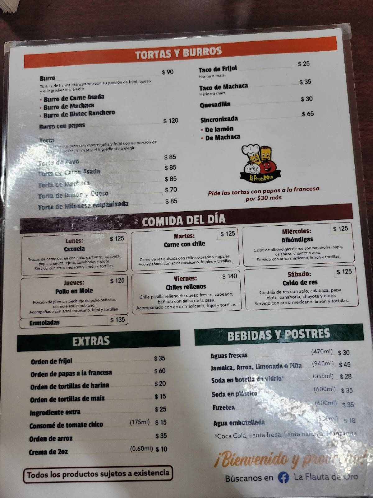 Carta de Restaurante La Flauta de Oro, Mexicali