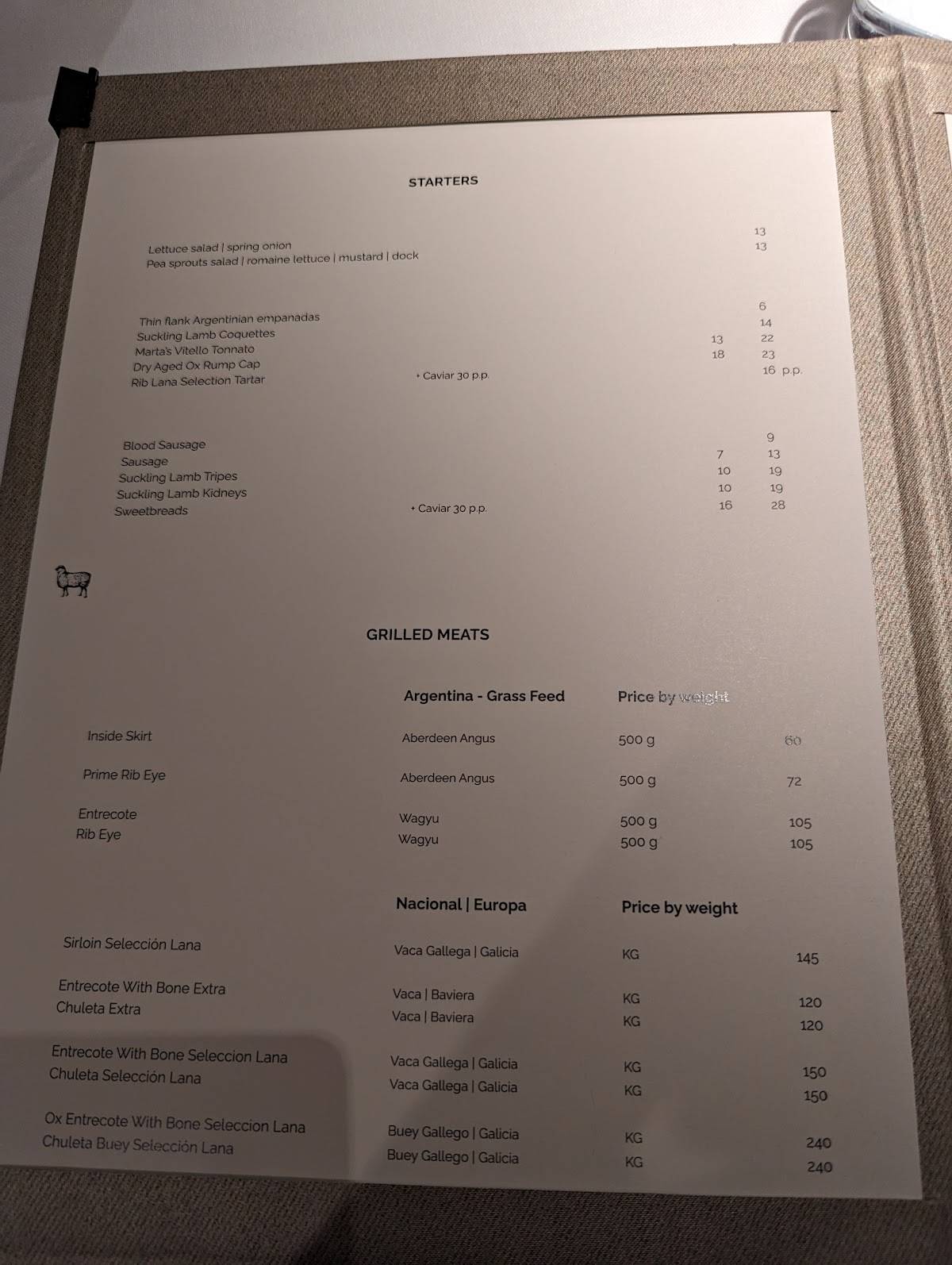 Carta de Restaurante Lana, Madrid