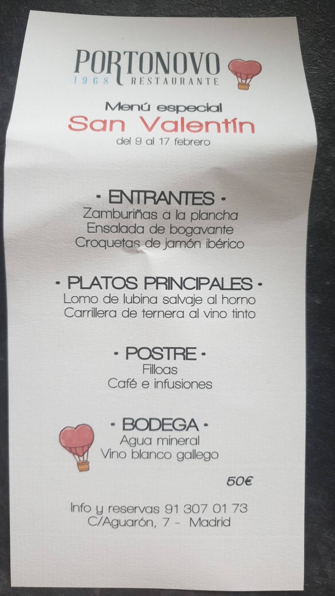 Carta de Restaurante Portonovo, Madrid, C/ de Aguarón