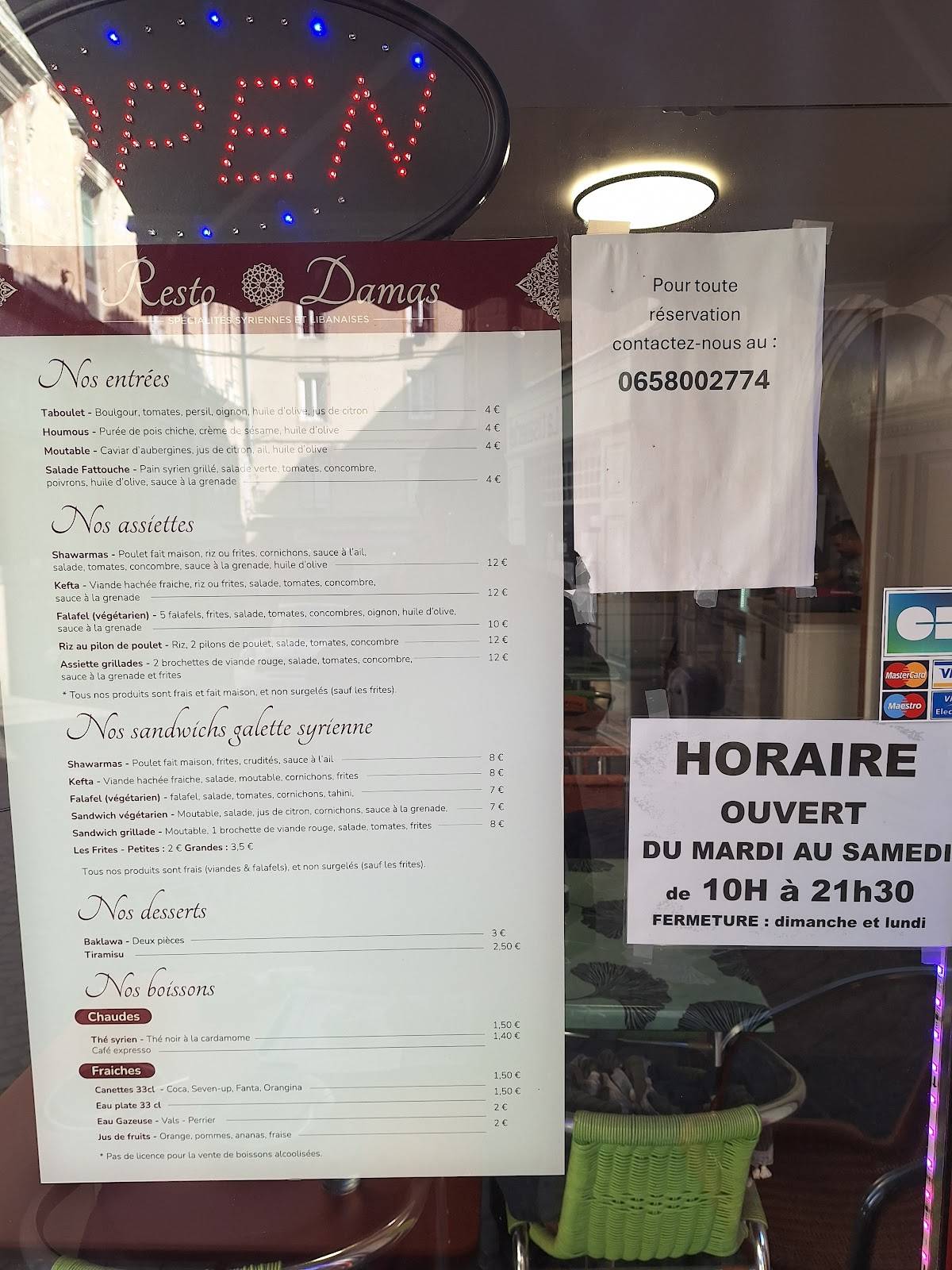 Menu au Resto Damas spécialités syriennes et Libanaises#Halal#. Sur ...
