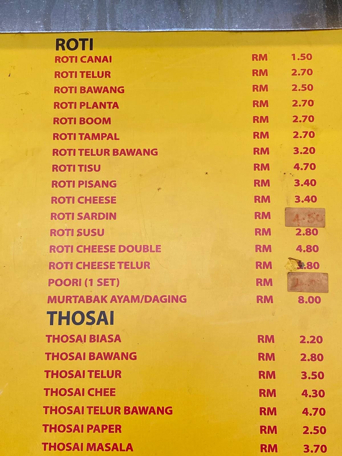 Menu at Restoran Al-Safa restaurant, Kuala Lumpur, Jalan 3/149e