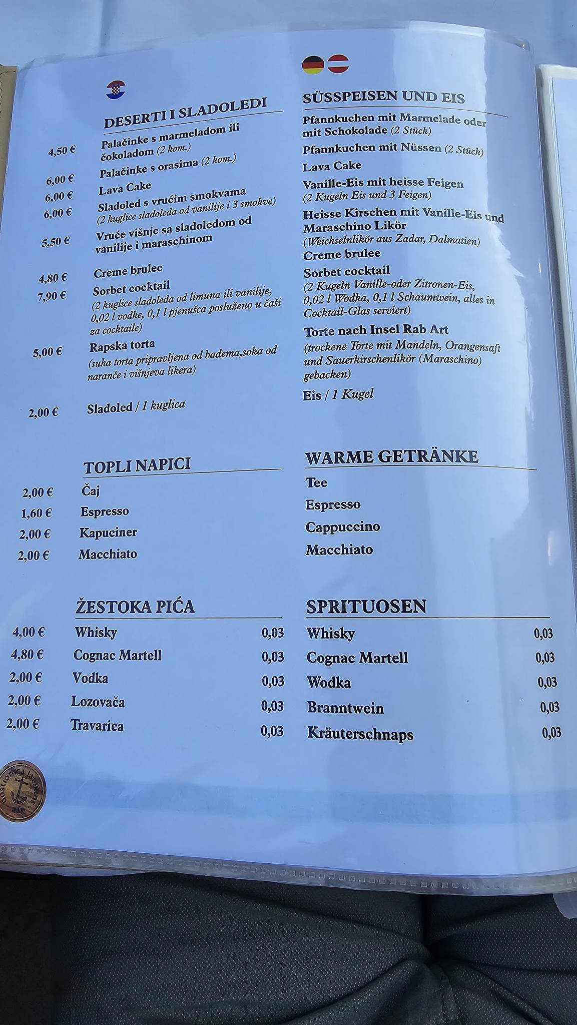 Menu at Restoran Labirint restaurant, Rab