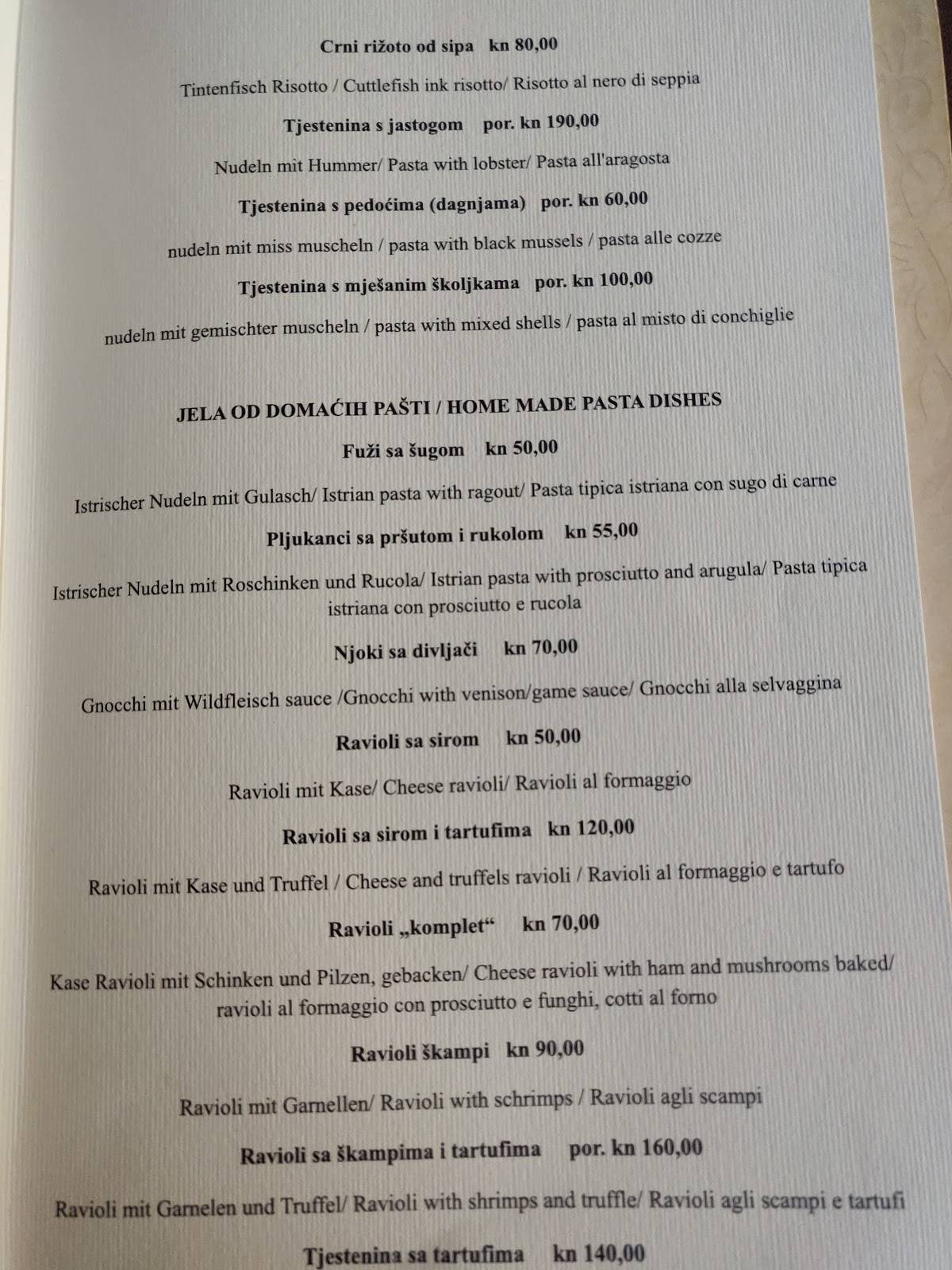 Menu at Restoran "Stari grad 02" restaurant, Pula