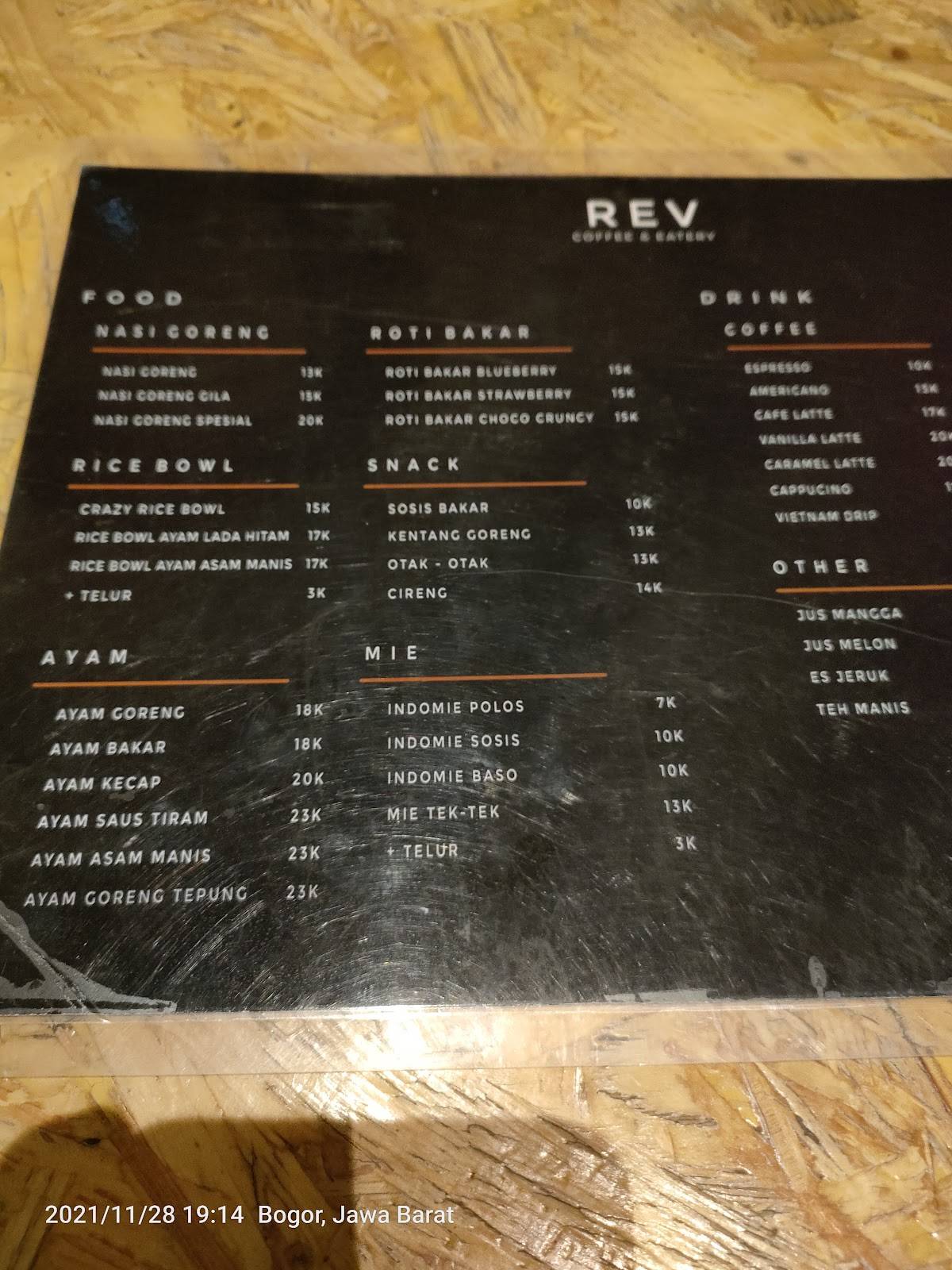 Menu at Rev Coffee cafe, Indonesia