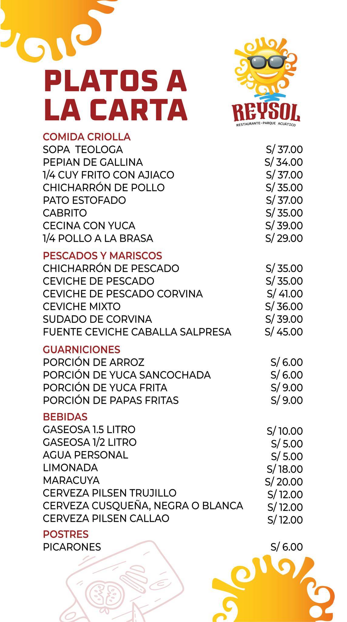 Carta del restaurante Rey Sol, Moche