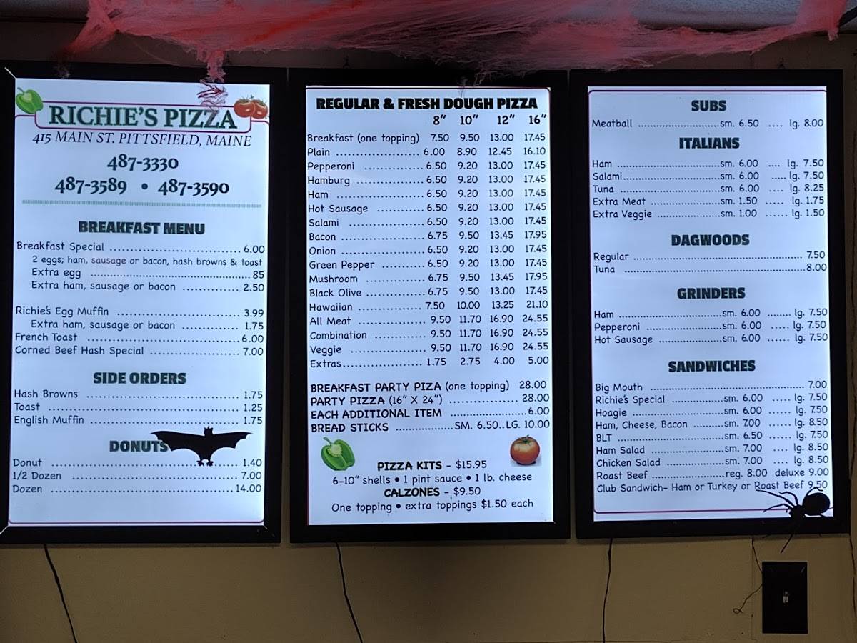 Menu at Richie's Pizza pizzeria, Pittsfield