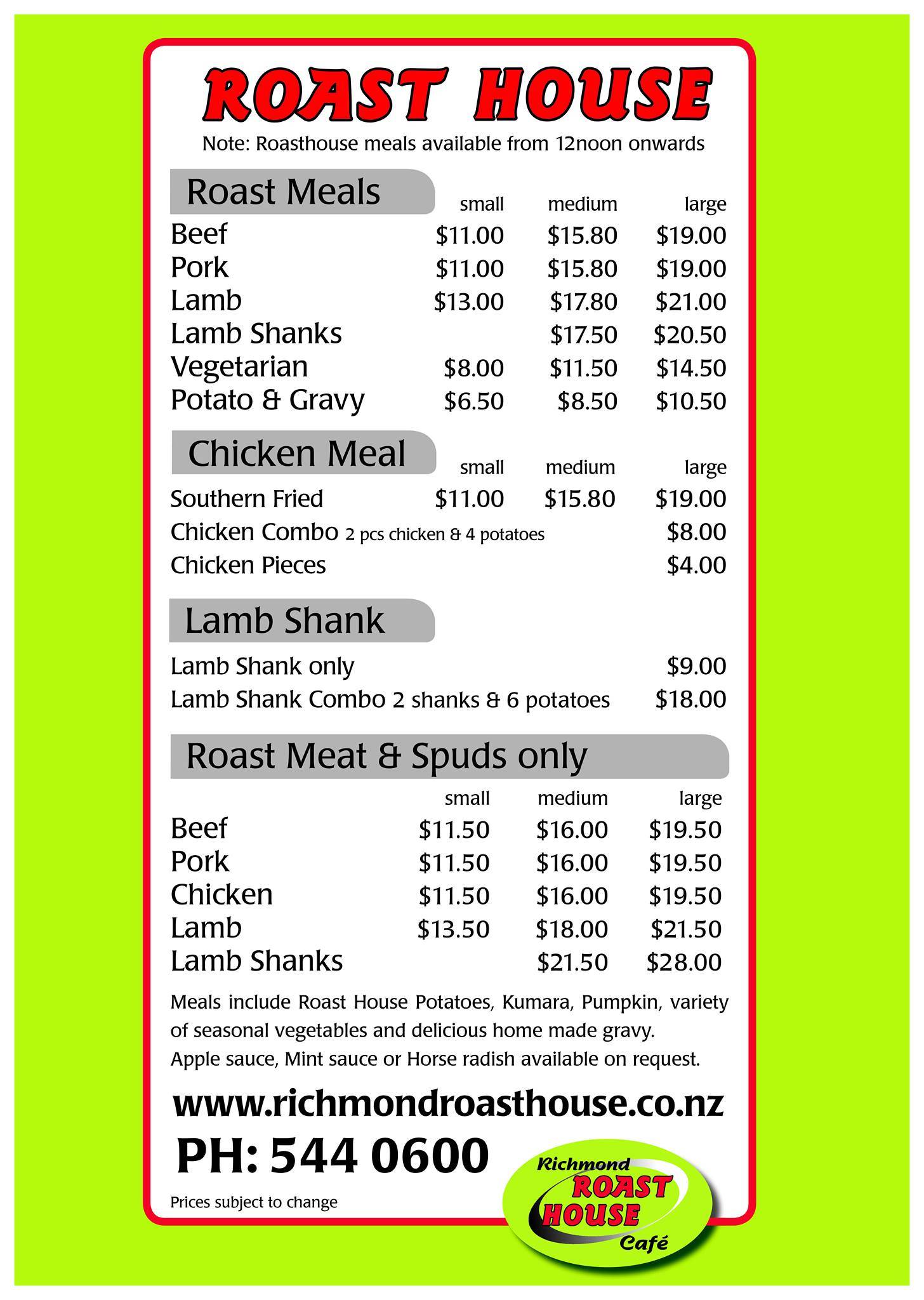 Menu at Richmond Roast House fast food, Richmond