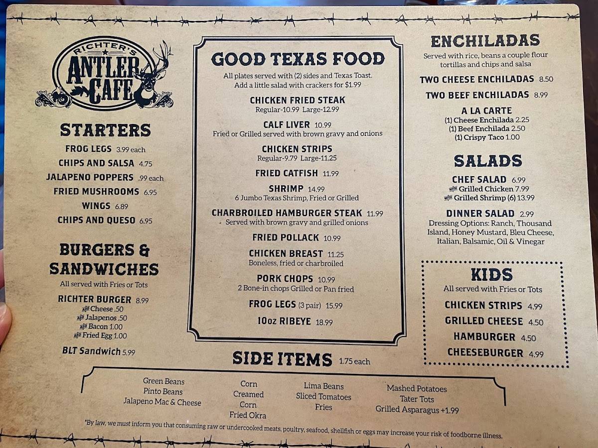 Menu at Richter's Antler Cafe, Spring Branch