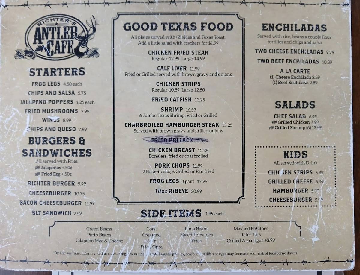 Menu at Richter's Antler Cafe, Spring Branch
