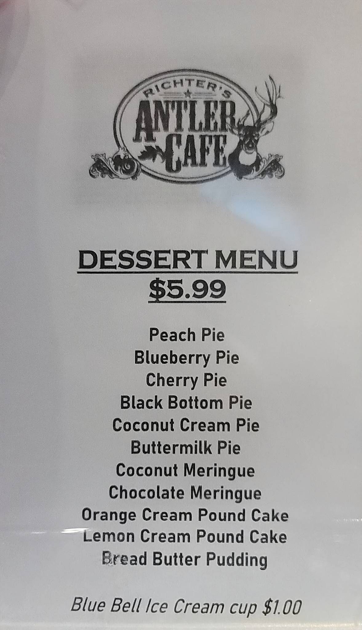 Menu at Richter's Antler Cafe, Spring Branch