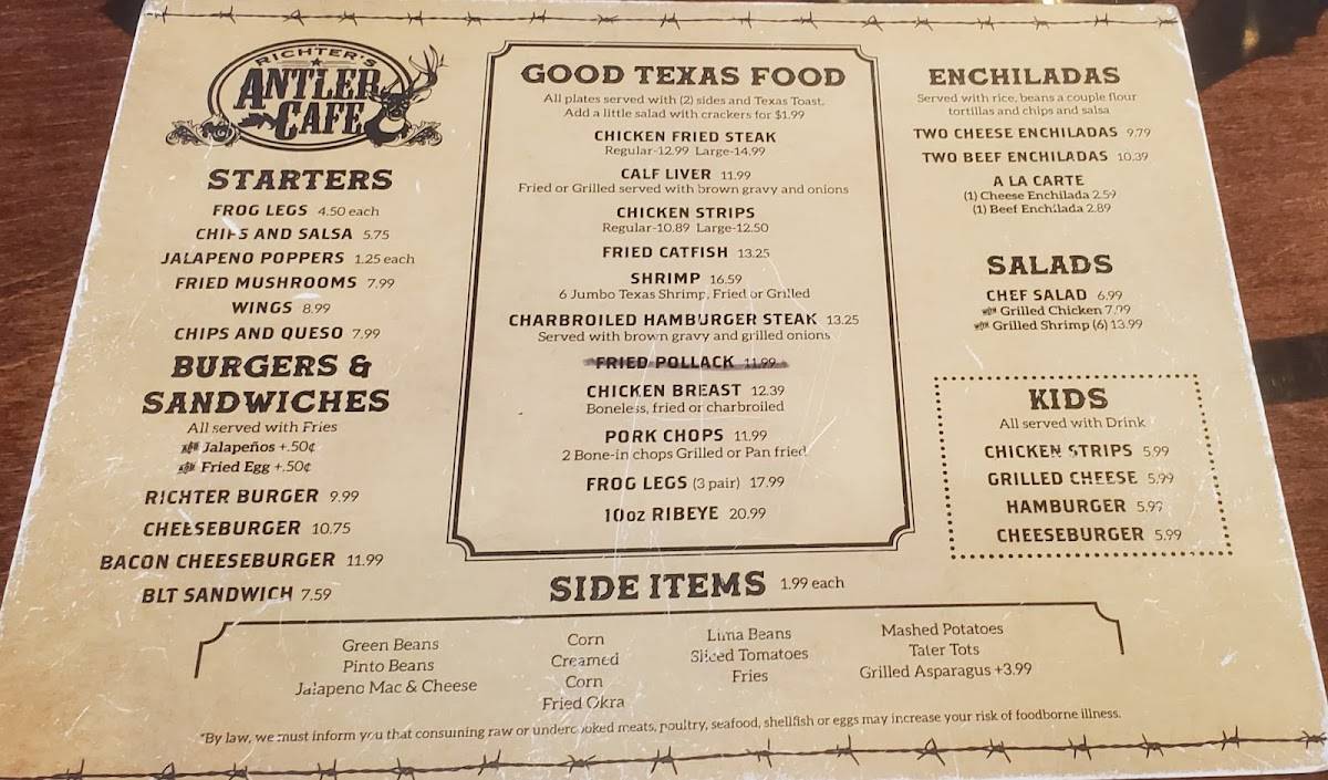 Menu at Richter's Antler Cafe, Spring Branch