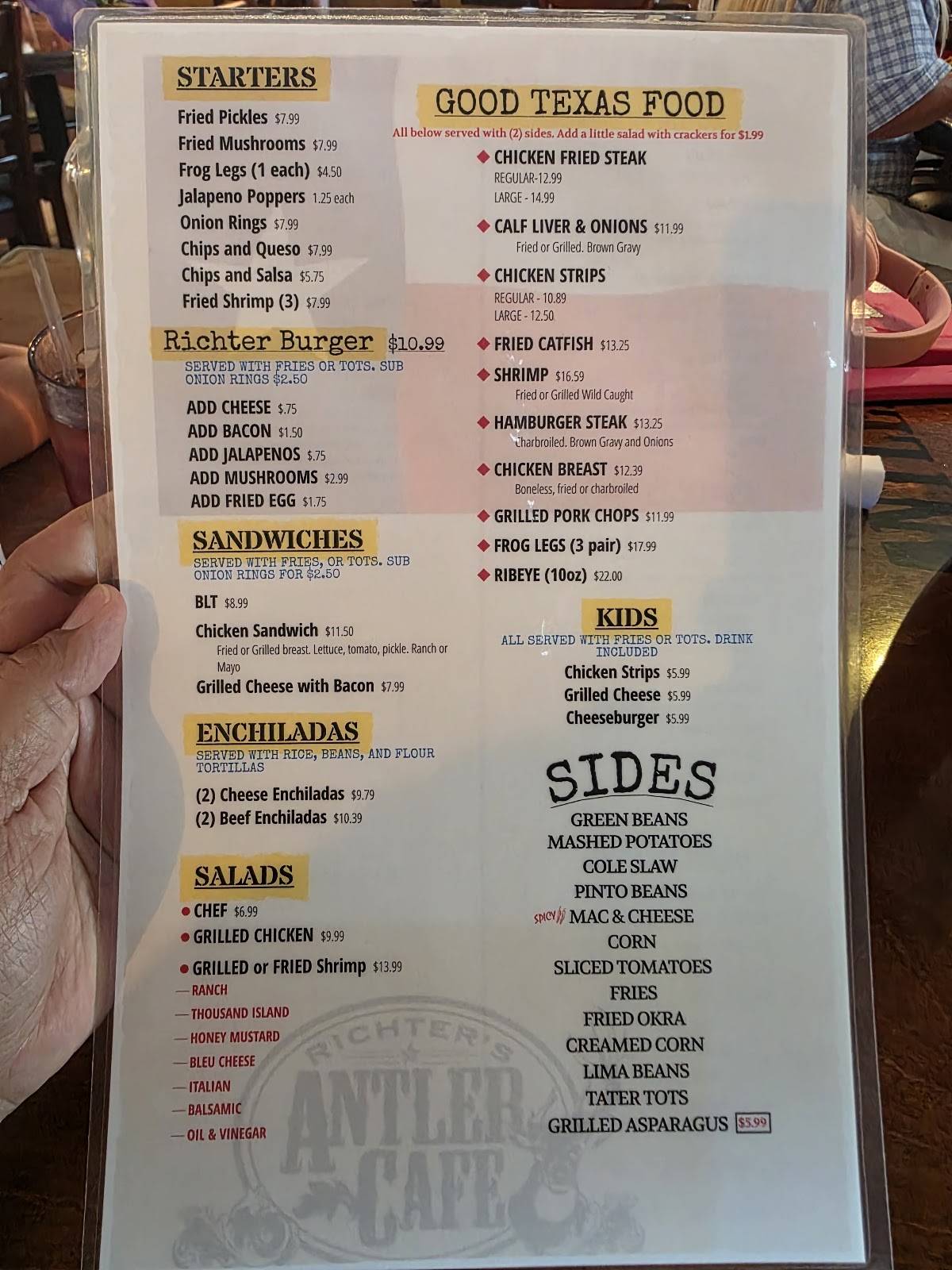 Menu at Richter's Antler Cafe, Spring Branch