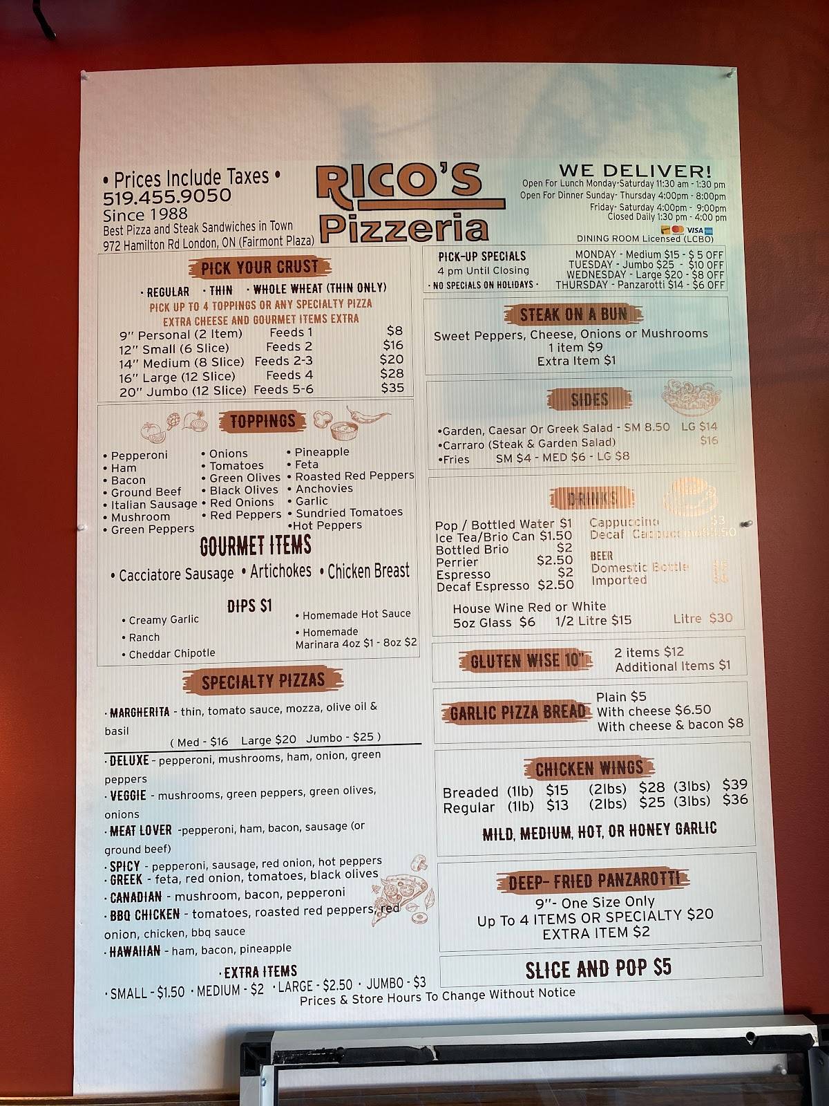 Menu at Rico's Pizzeria, London, 972 Hamilton Rd