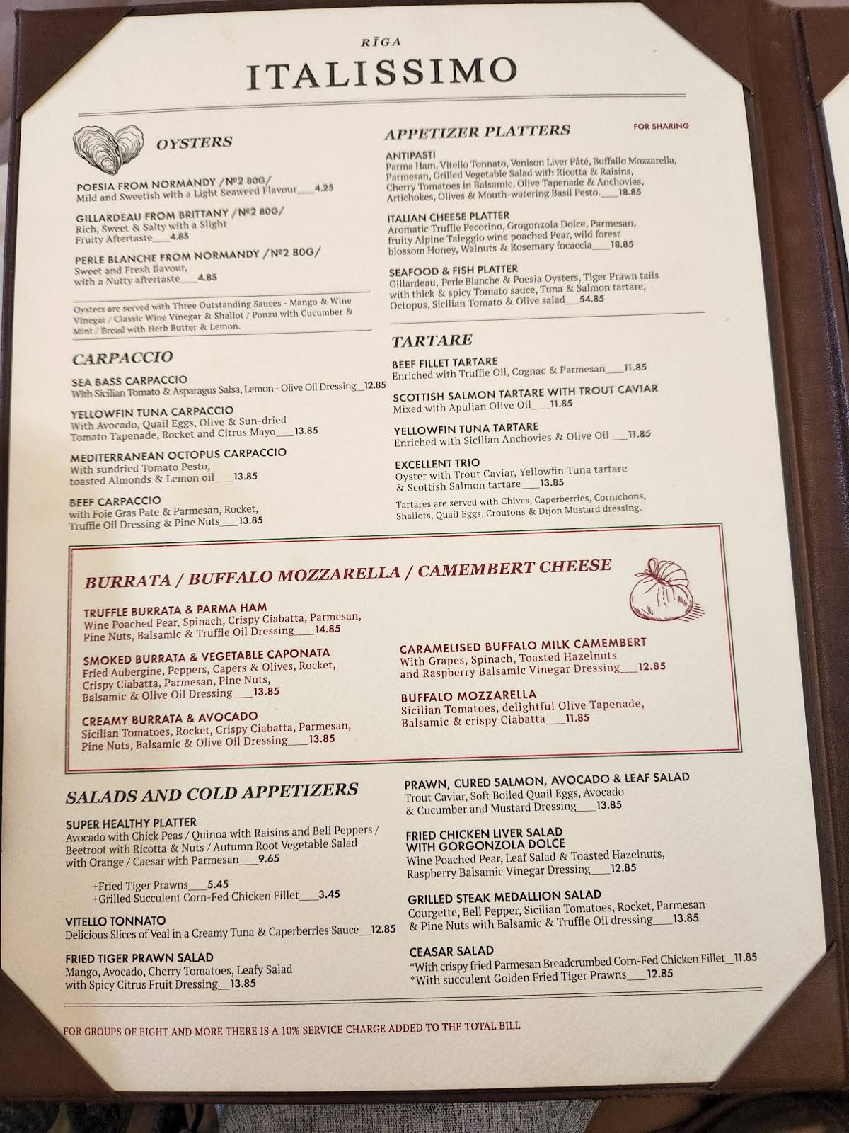 Меню ресторана Italissimo, Рига