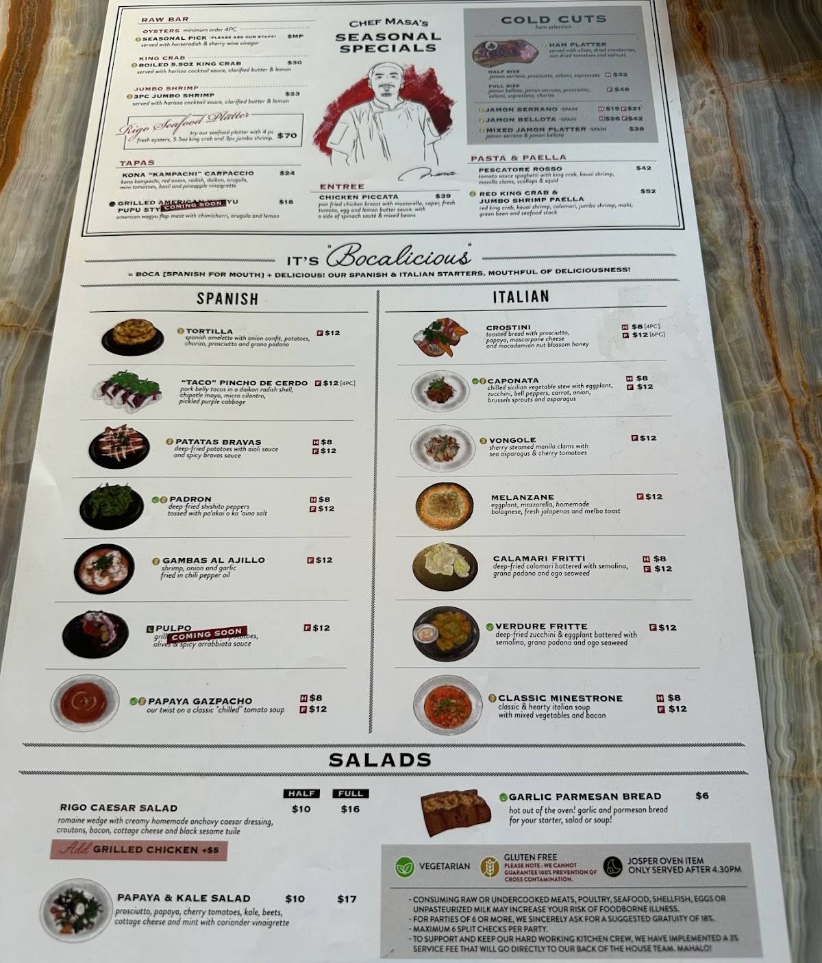Menu at Rigo Spanish Italian restaurant, Honolulu