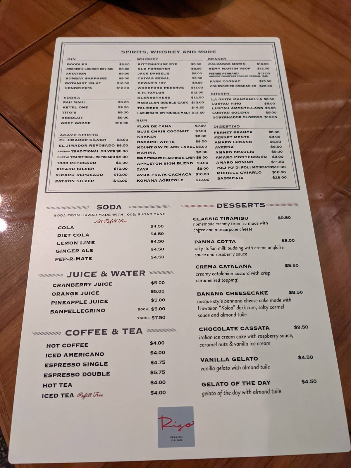 Menu at Rigo Spanish Italian restaurant, Honolulu