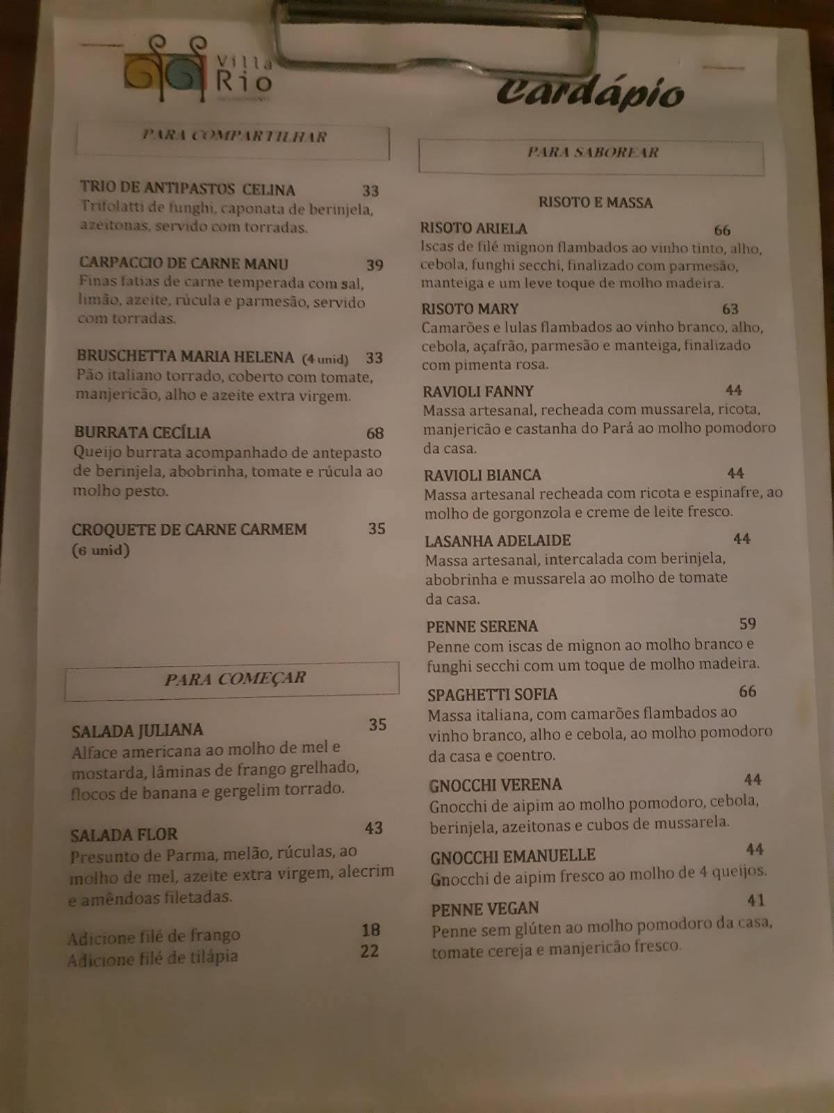 Carta de Villa Rio Restaurante, Rio de Janeiro