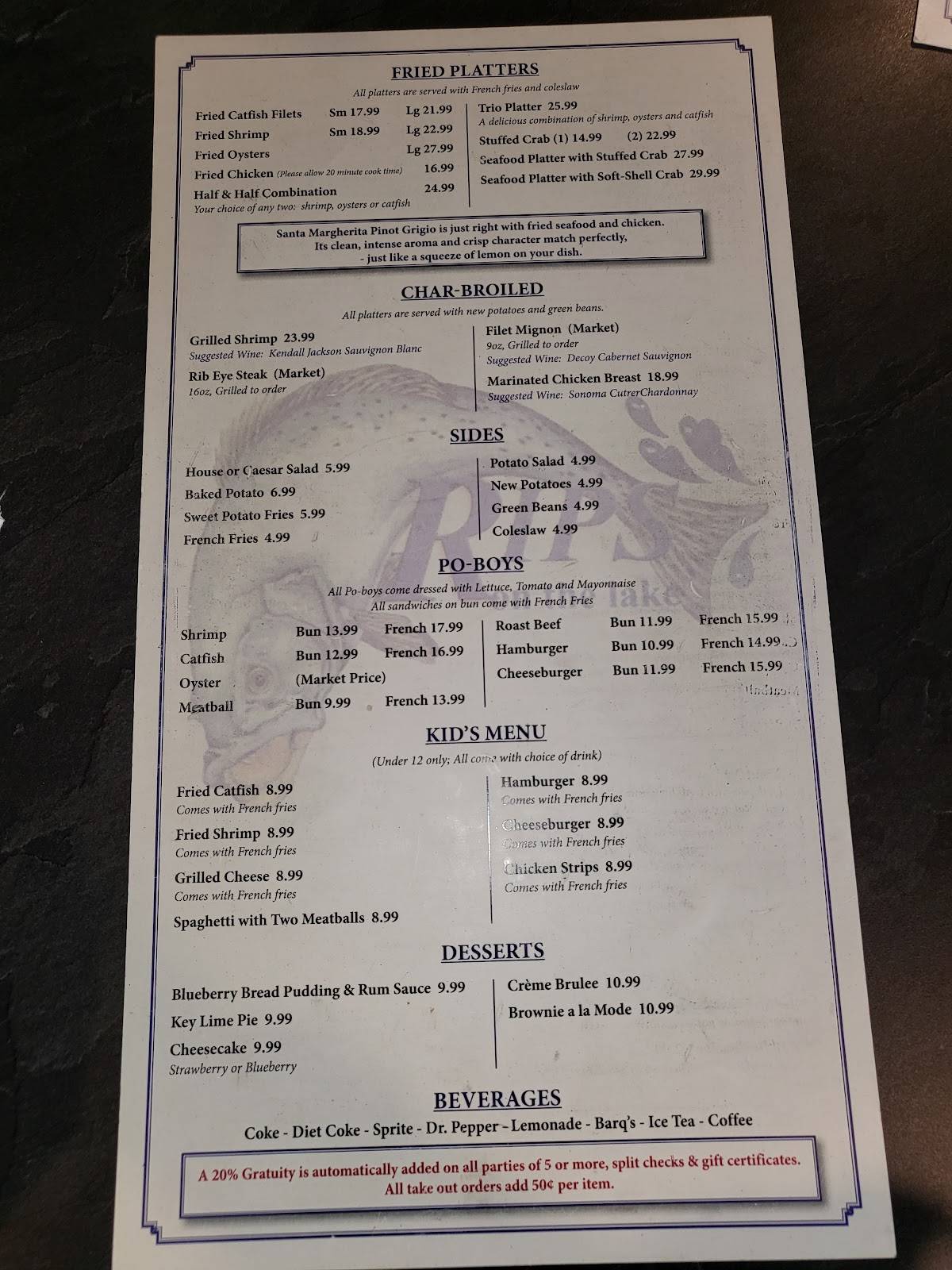 Menu at Rips On the Lake restaurant, Mandeville