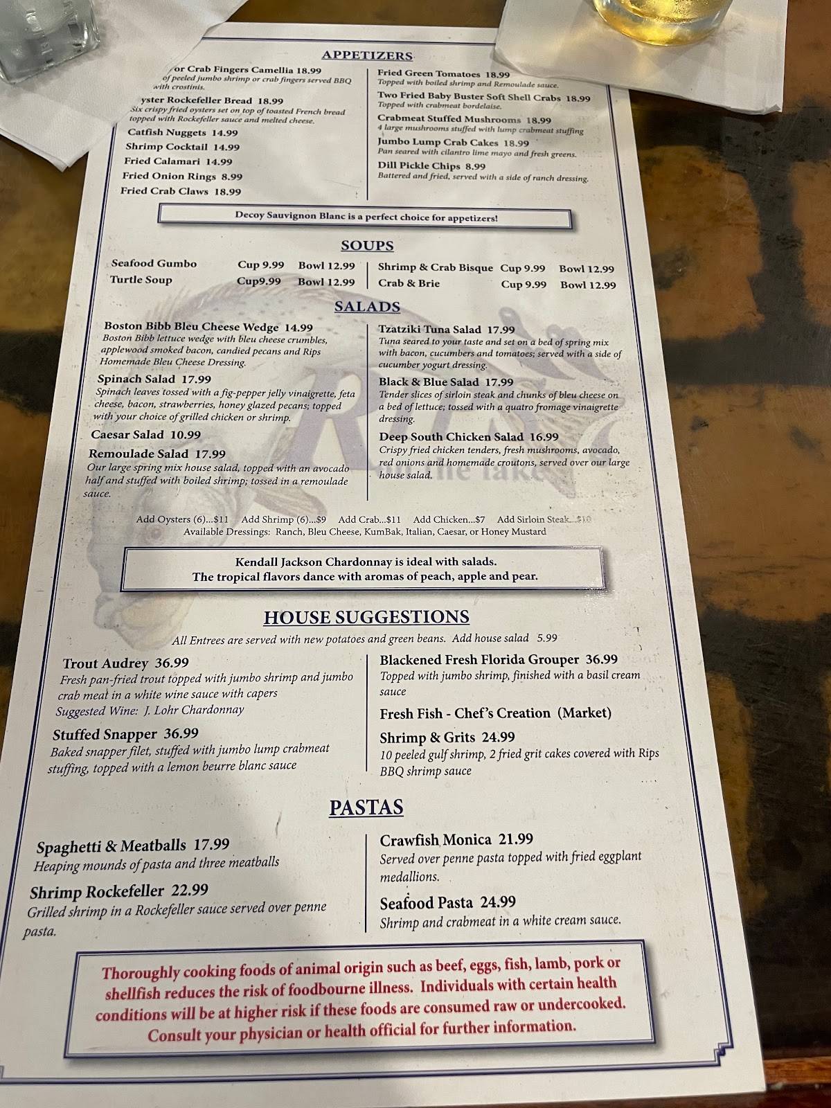 Menu at Rips On the Lake restaurant, Mandeville