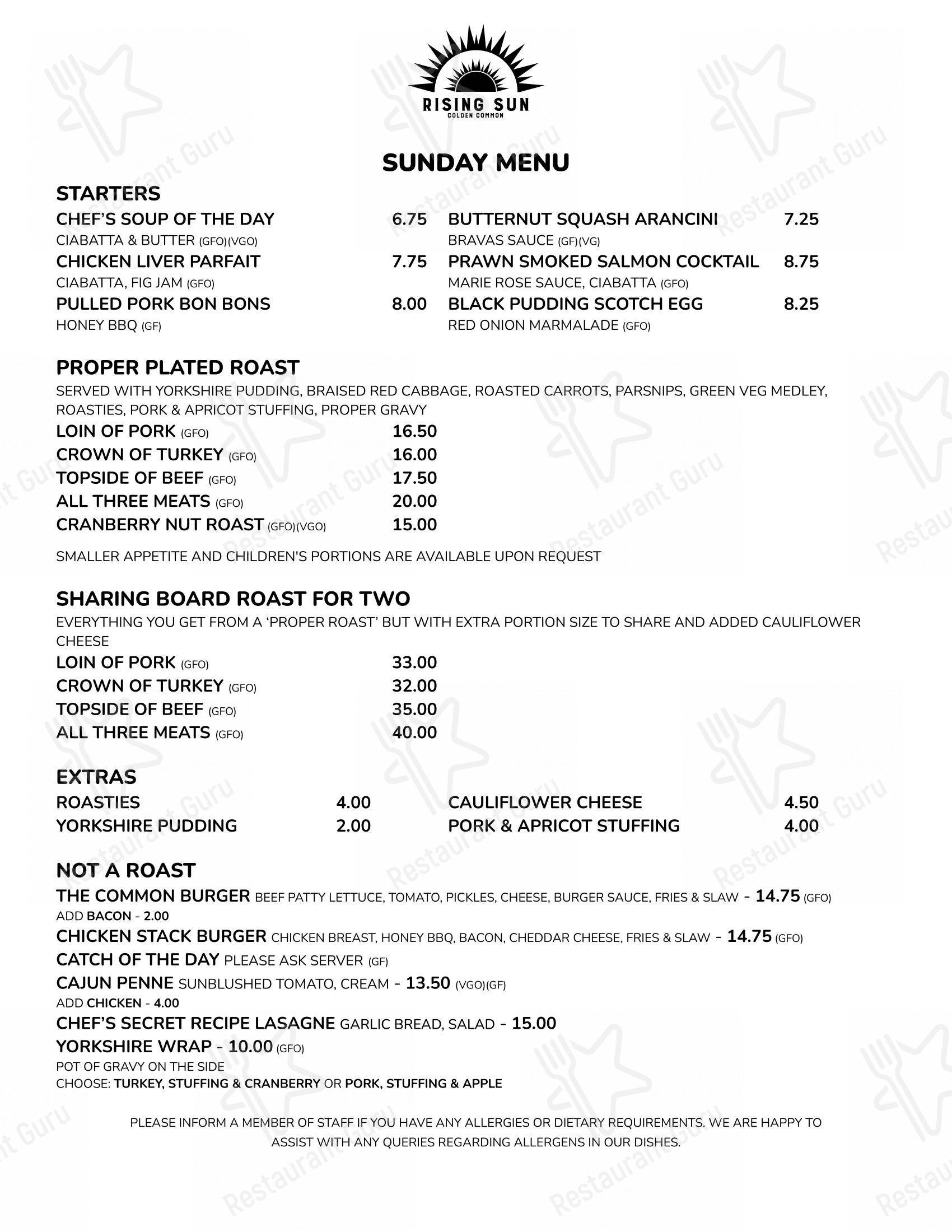 Menu at Rising Sun Colden Common pub & bar, Winchester, 27 Spring Ln