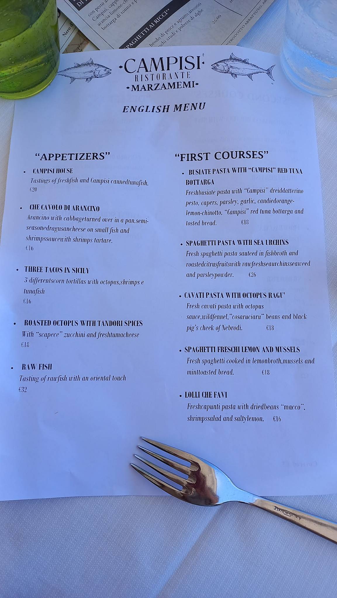 Carta de Ristorante Campisi, Pachino