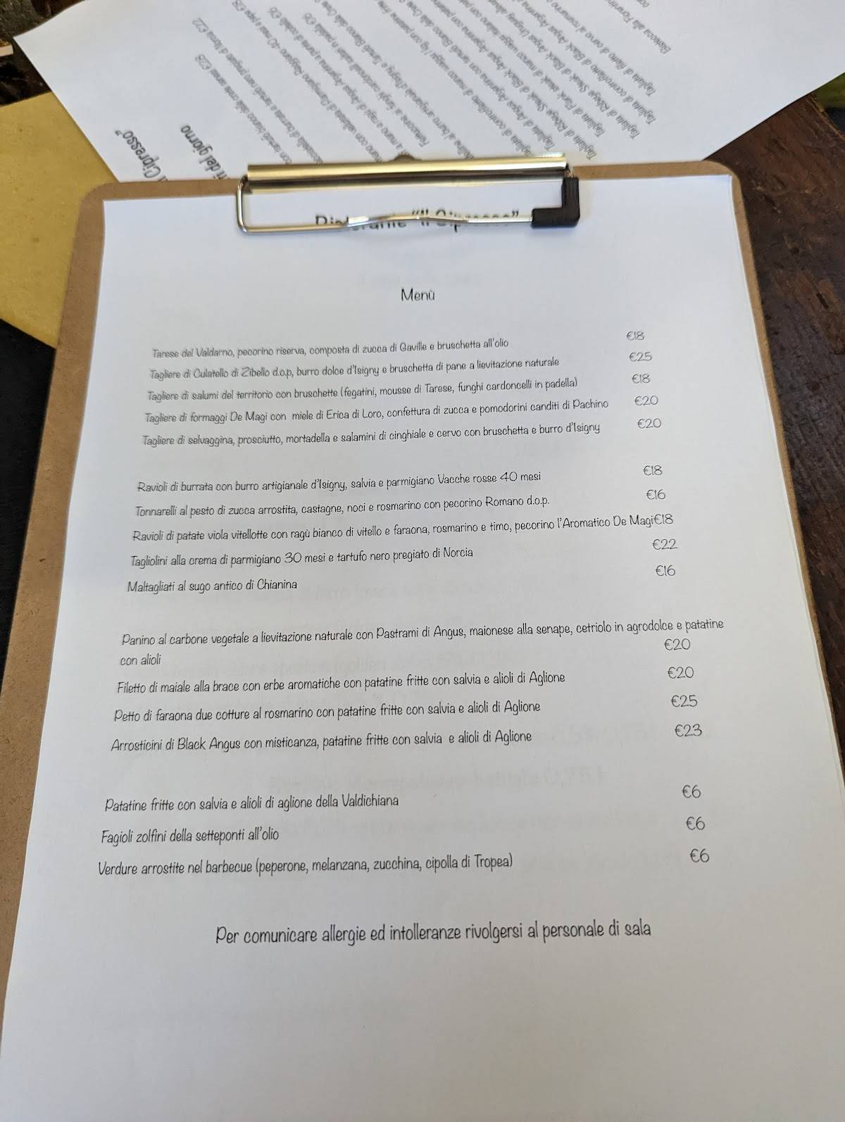 Menu da Ristorante il Cipresso, Loro Ciuffenna