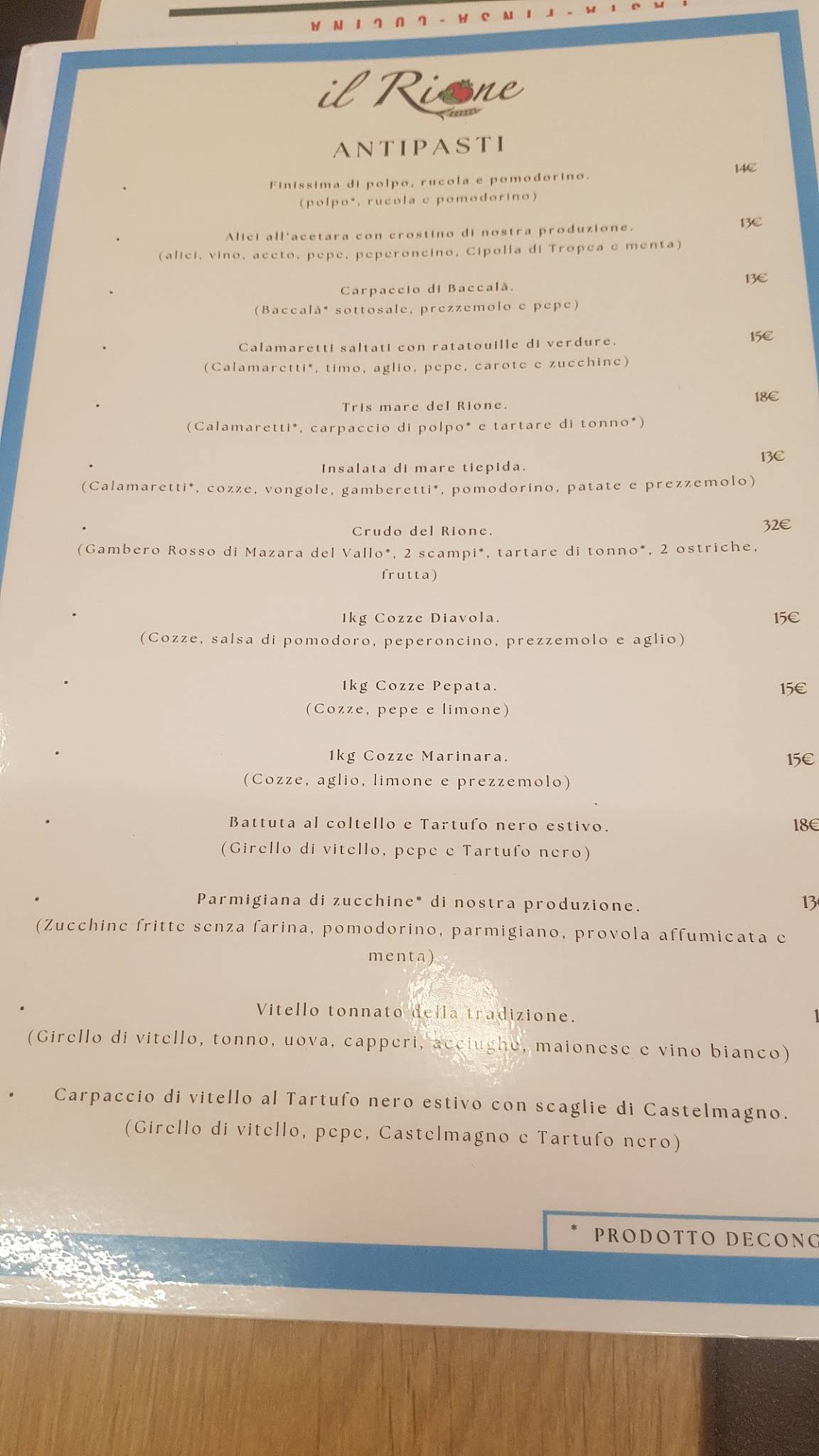 Menu da Il Rione ristorante, Moncalieri, Via Giuseppe Garibaldi