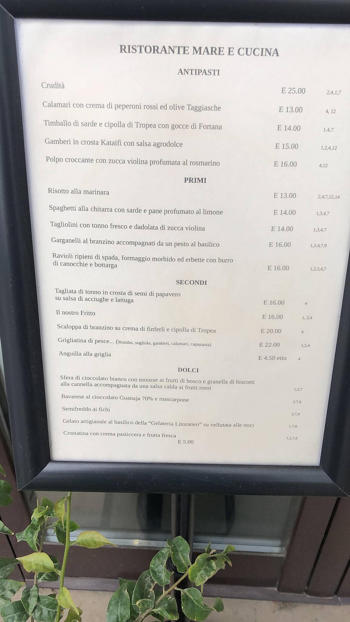Carta de Ristorante Mare e Cucina, Porto Garibaldi