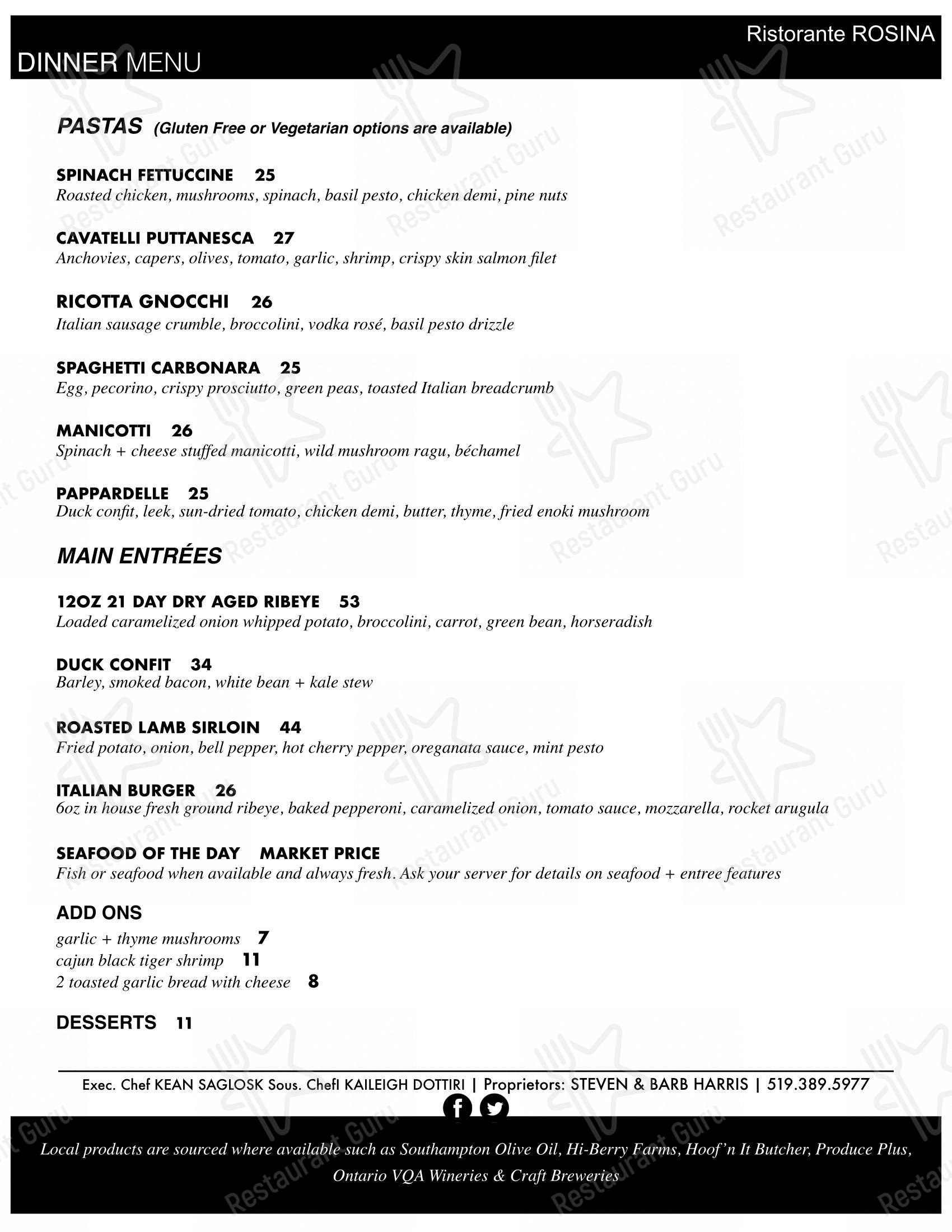Menu at Ristorante Rosina restaurant, Saugeen Shores