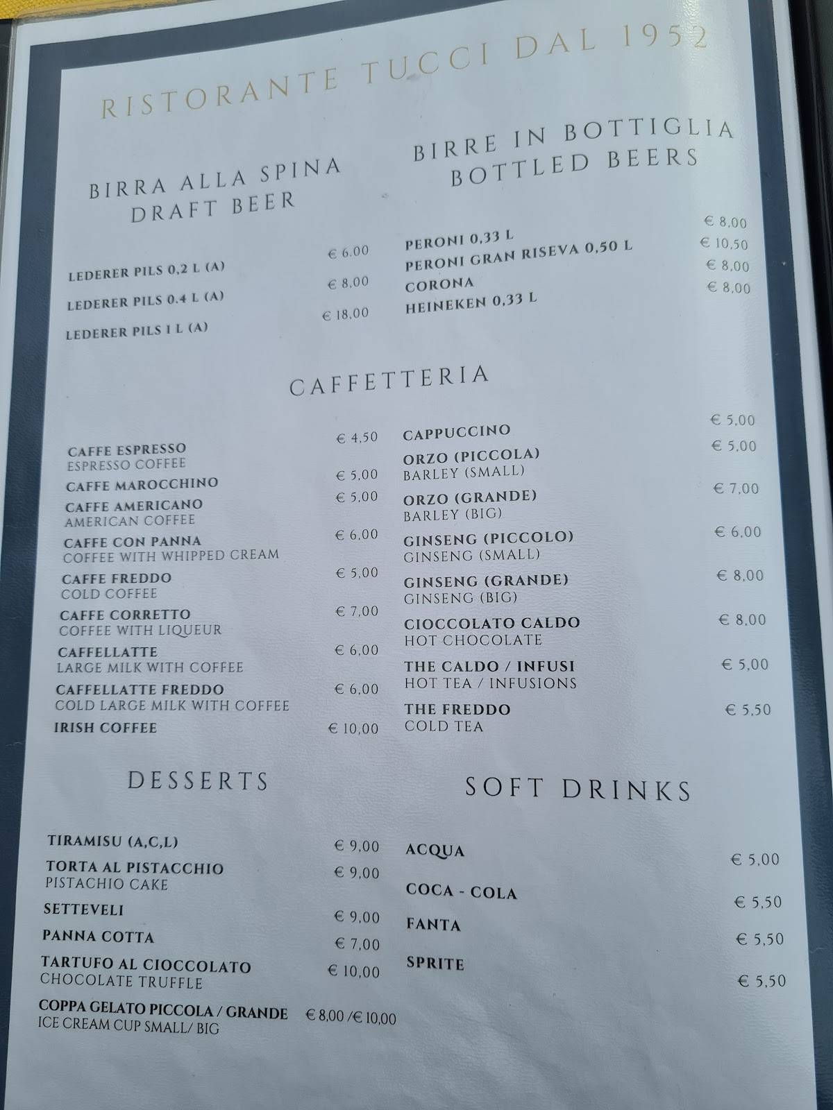 Menu da ristorante Tucci, Roma