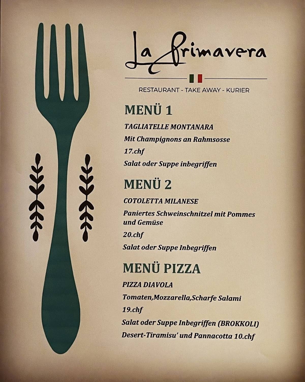 Menu da Ristorante & Pizzeria La Primavera, Wil
